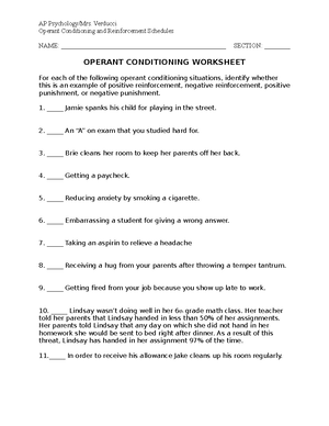 Operant Conditioning Worksheet 2023 - AP Psychology/Mrs. Verducci Operant Conditioning and - Studocu