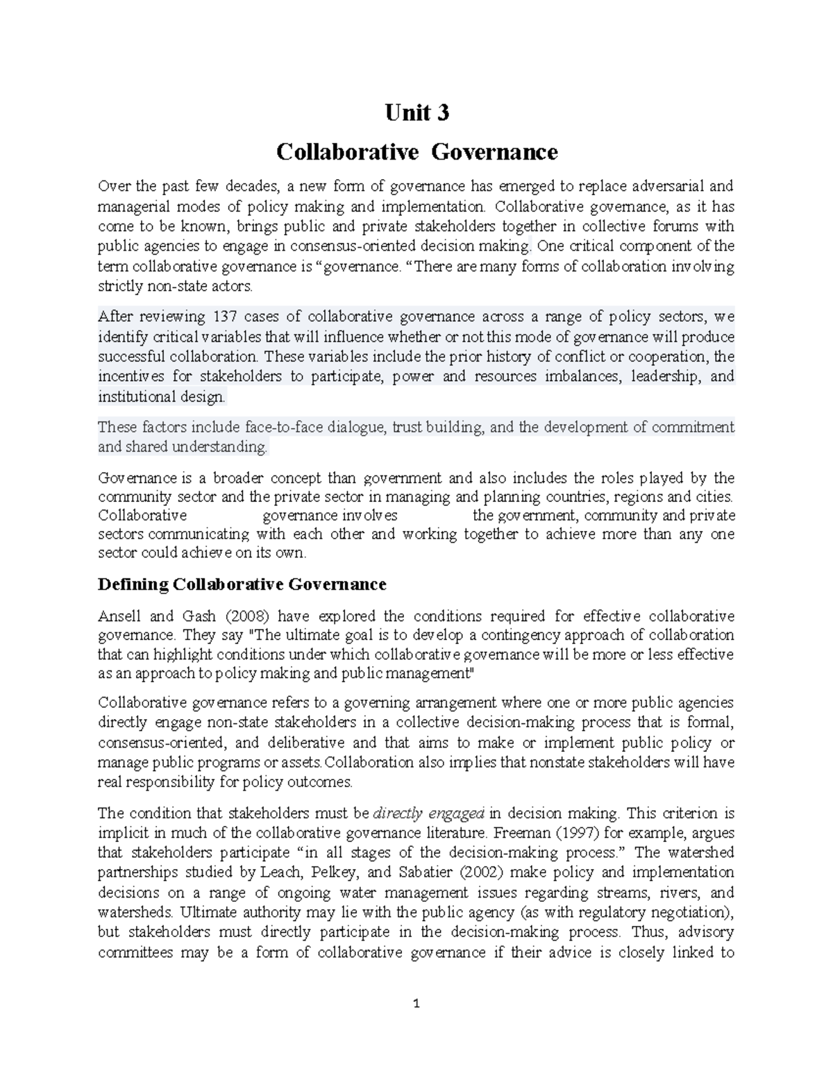 Unit 3 Collaborative Governance-1 - Unit 3 Collaborative Governance ...