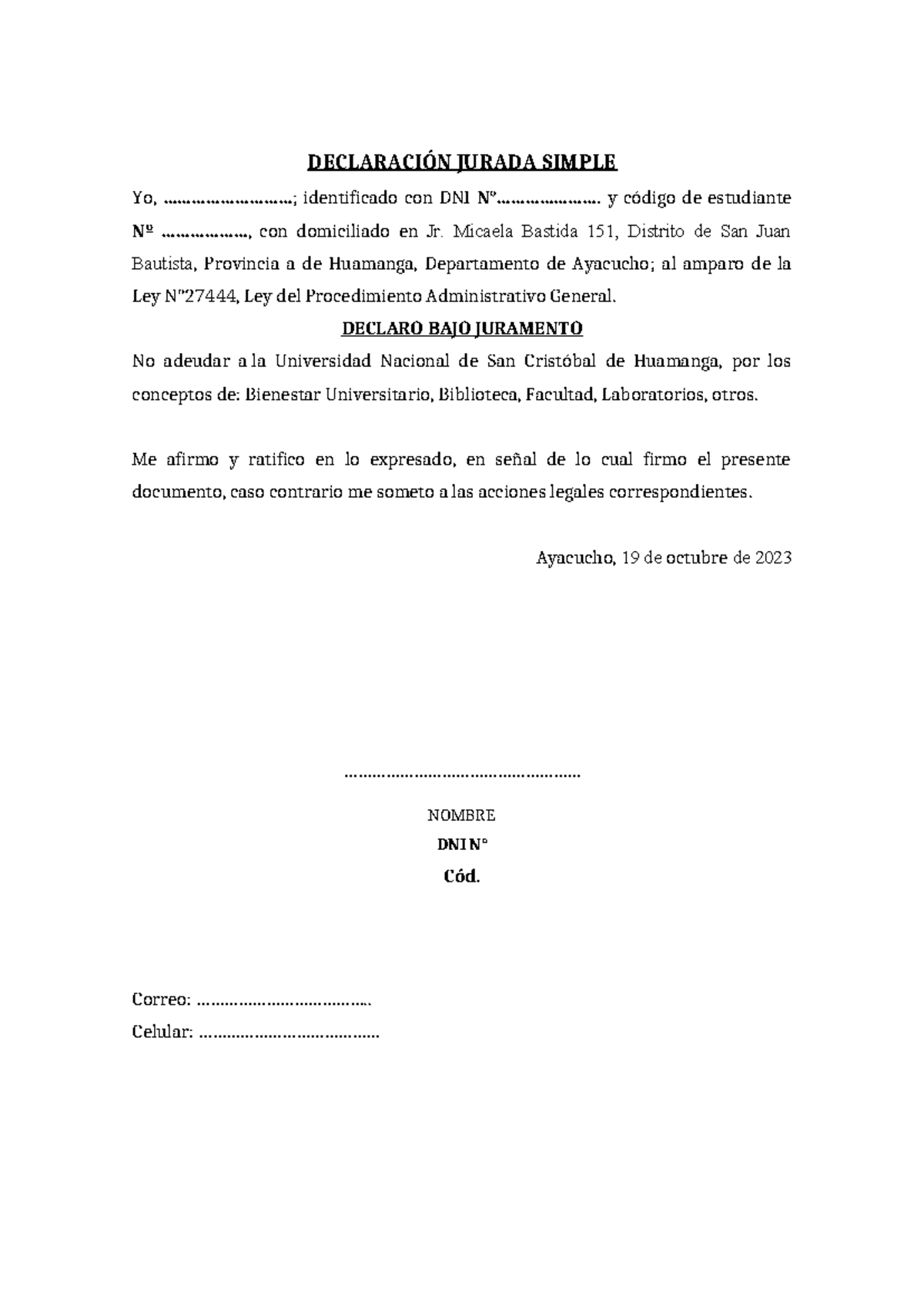 Declaración Jurada Simple - Formato - DECLARACIÓN JURADA SIMPLE Yo ...
