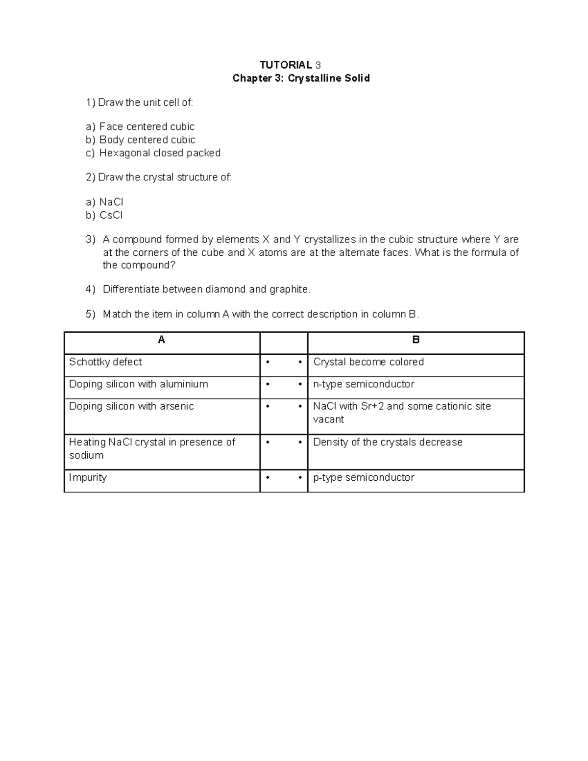 CHM361 Tutorial 3 - tuto 3 - TUTORIAL 3 Chapter 3: Crystalline Solid Draw the unit cell of: a ...