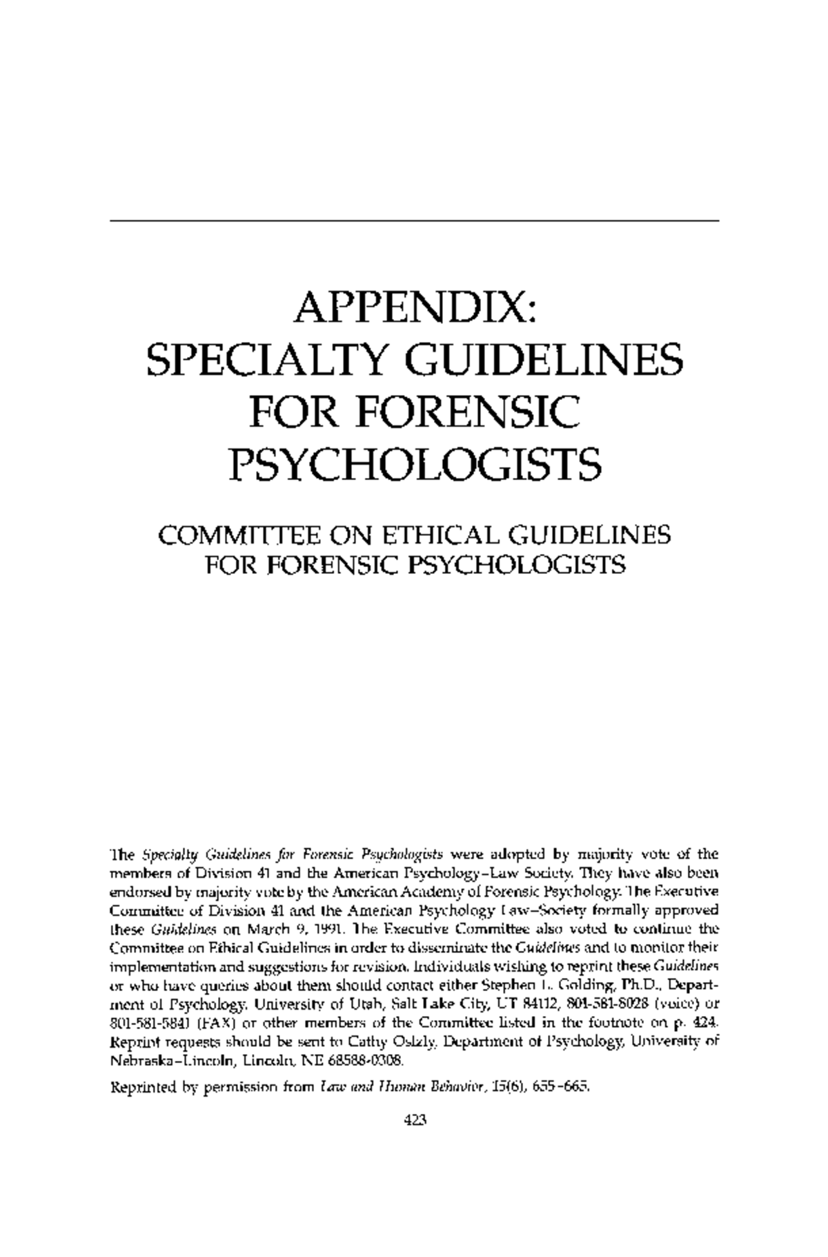 1999 Bookmatter Psychology And Law - APPENDIX: SPECIALTY GUIDELINES FOR ...