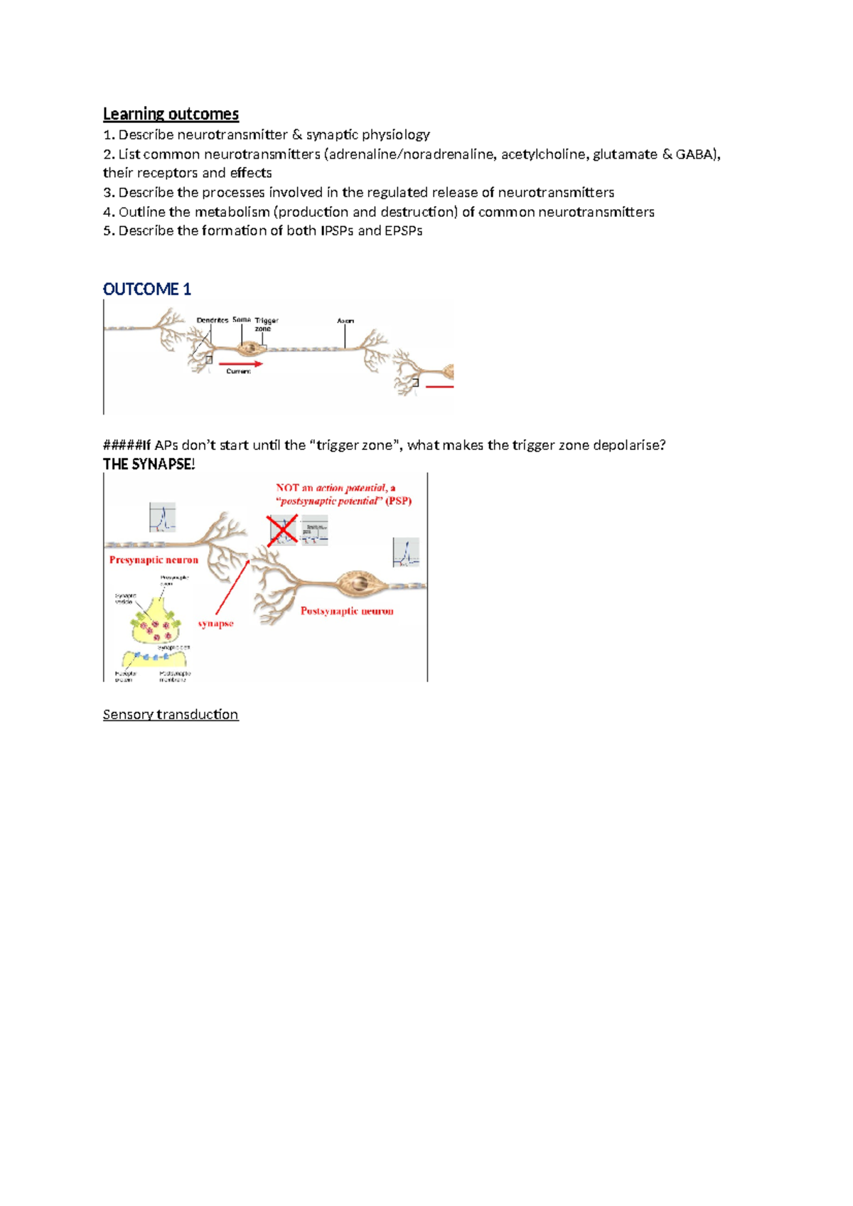 Neurotransmission - Learning outcomes 1. Describe neurotransmitter ...
