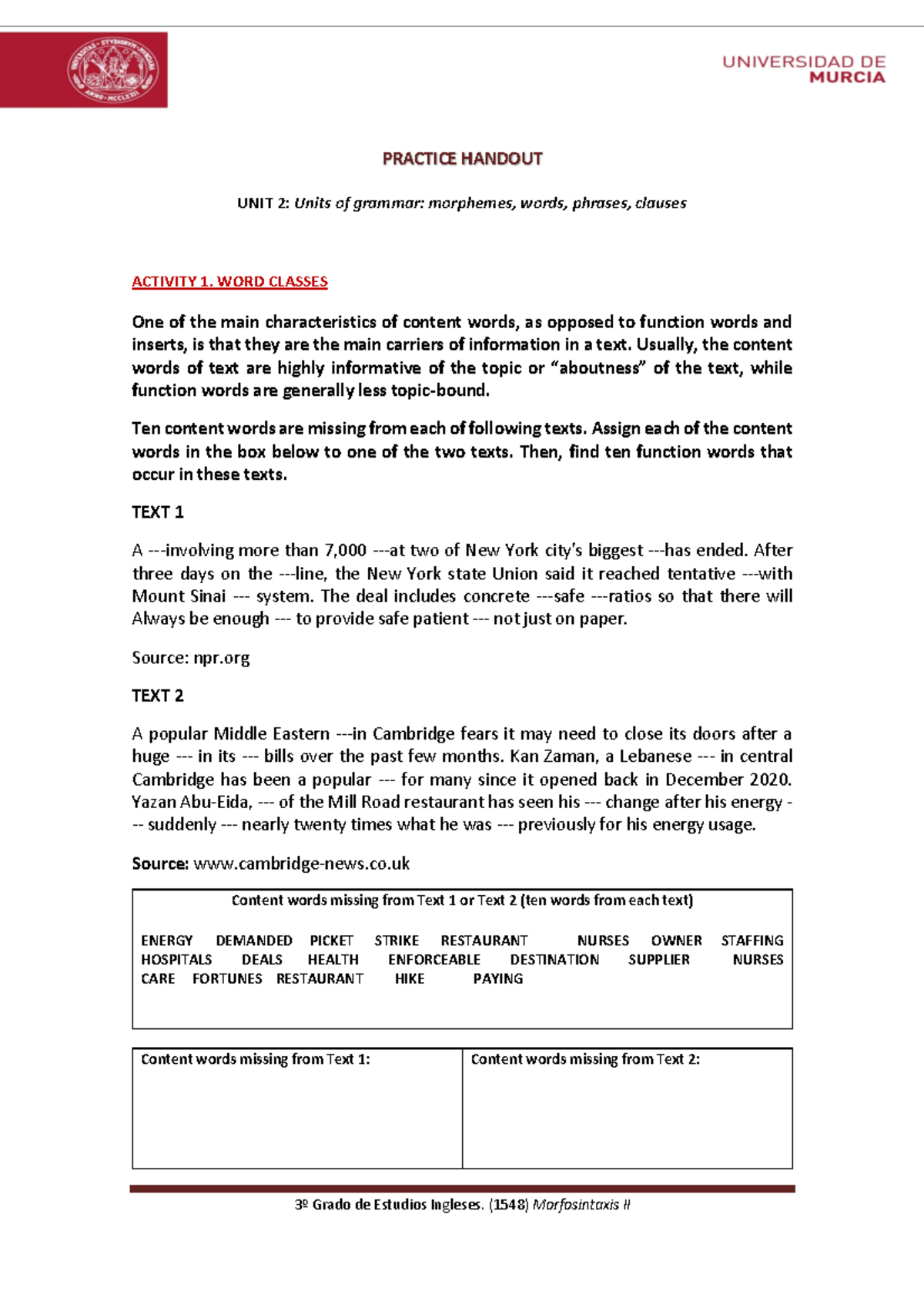 Morfo 2 Practice unit 2 updated - 3º Grado de Estudios Ingleses. (1548) Morfosintaxis II ...