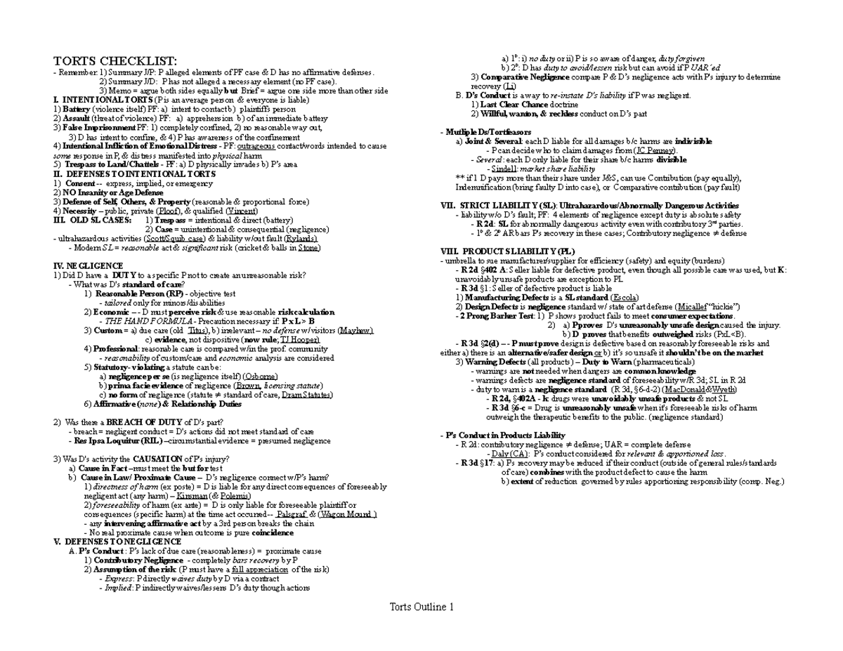 torts outline fall 1999 - TORTS CHECKLIST: Remember: 1) Summary J/P: P ...