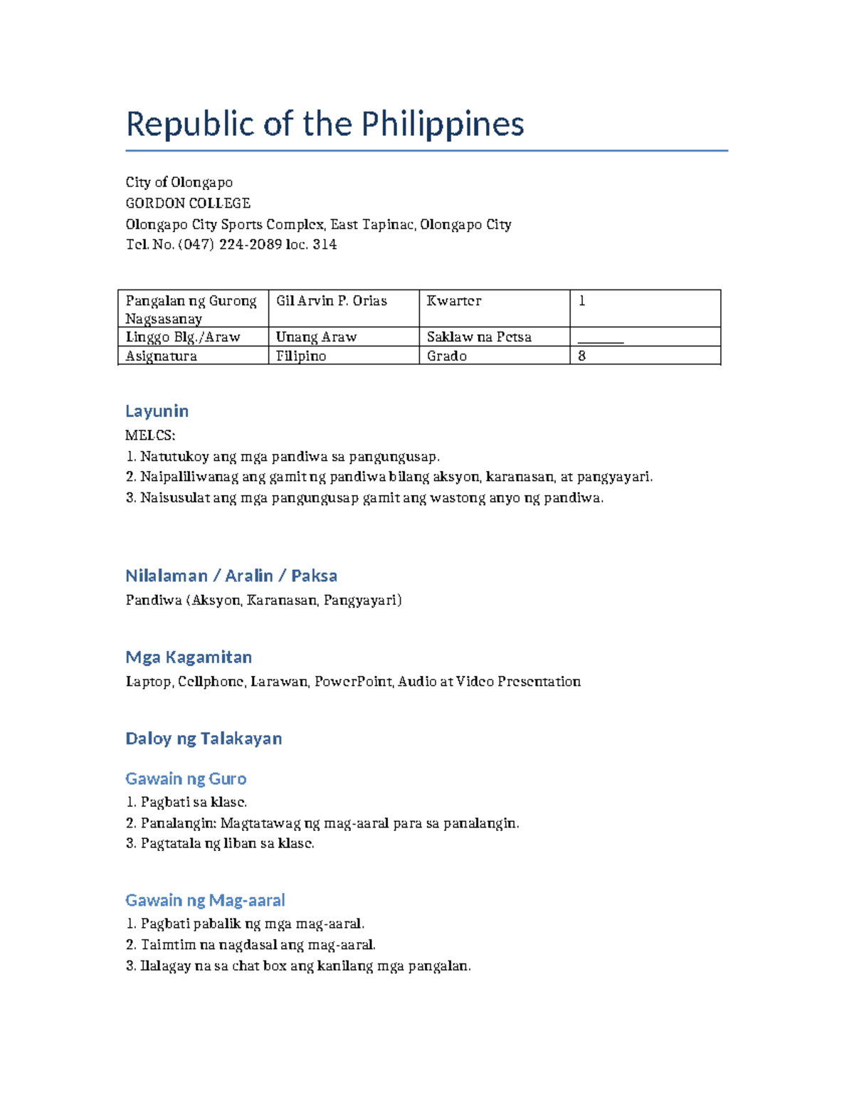 Detailed lesson plan pandiwa - Republic of the Philippines City of ...