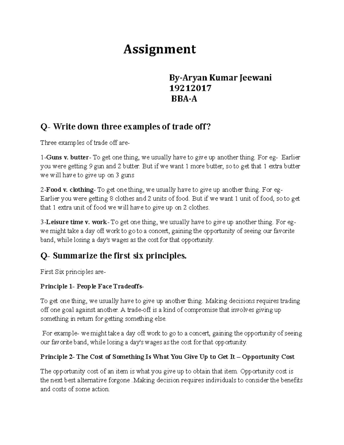 Assignment 24-07-20 - Assignment By-Aryan Kumar Jeewani 19212017 BBA-A Q- Write down three ...