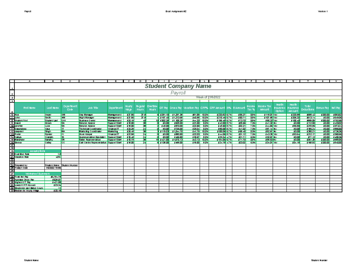Hum365 W22 Excel Assign 2 V1 Payroll Math Example(Headers) - Payroll Excel Assignment #2 Version ...