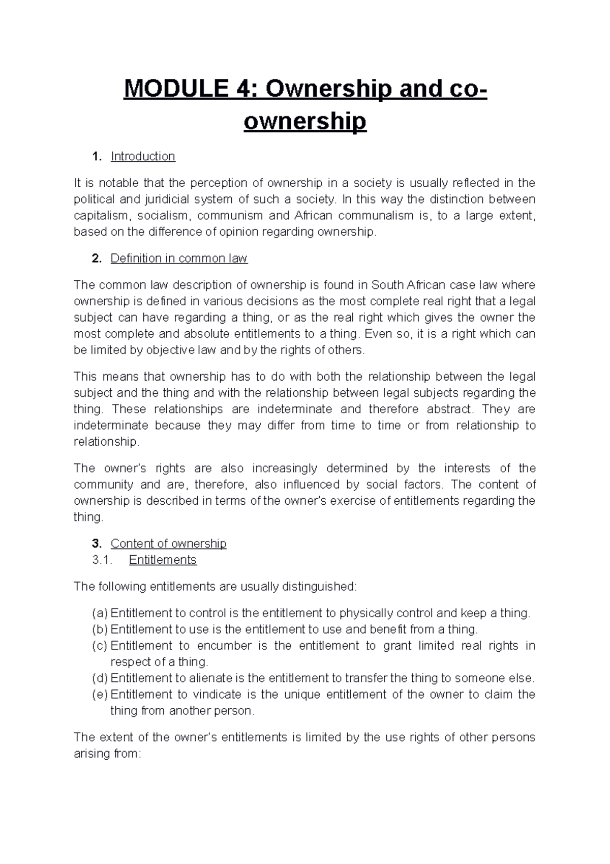 Module 4 - LAW OF Property - MODULE 4: Ownership and co- ownership 1 ...