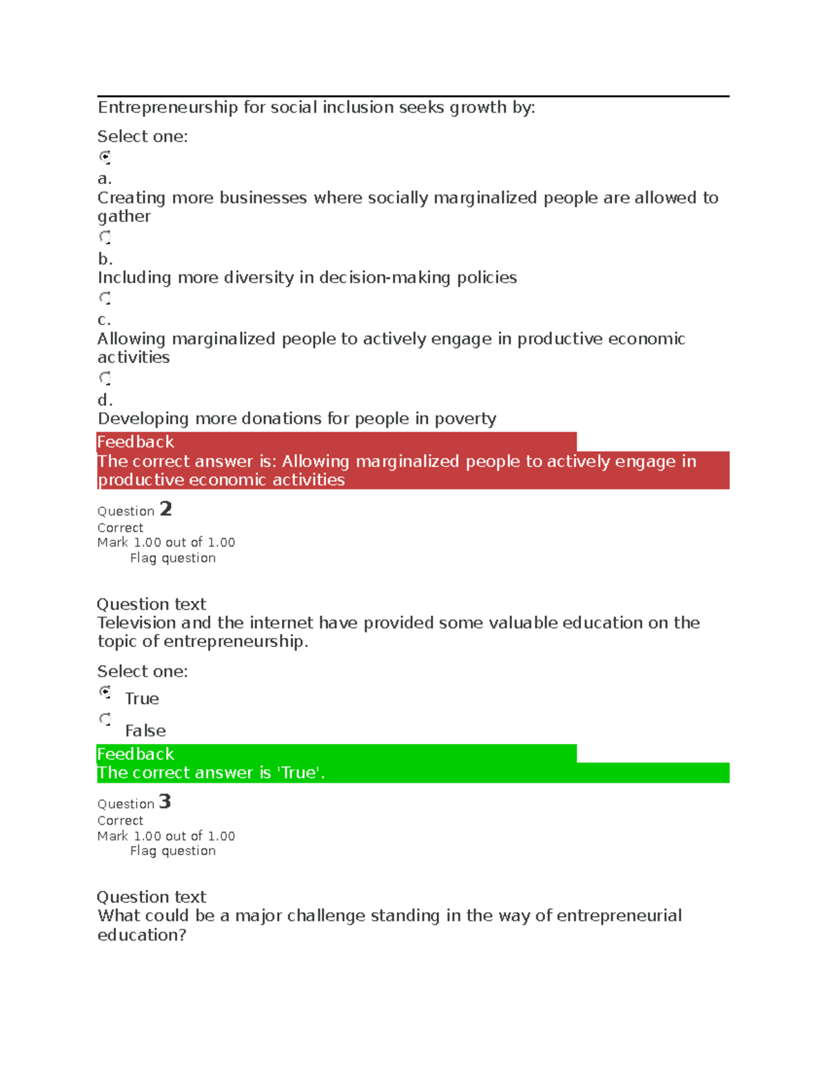 BUS 3303 - Unit 1 - Self Quiz - Entrepreneurship for social inclusion ...