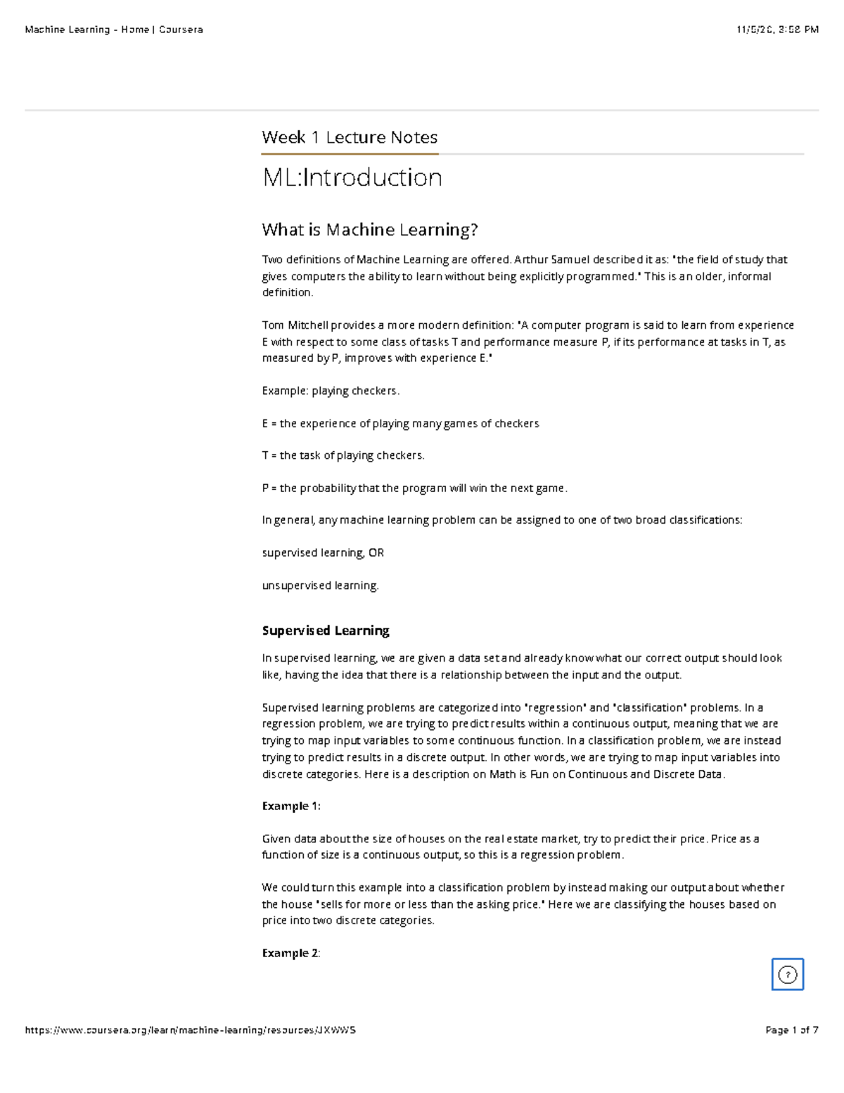 Machine Learning (GTech) - Week 1 Lecture Notes ML:Introduction What is ...