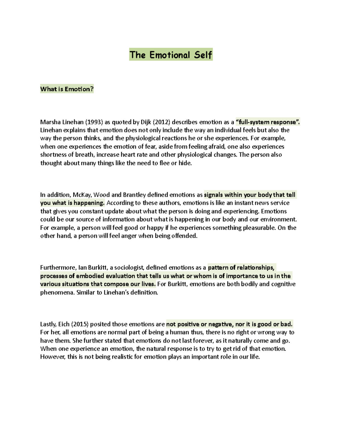 The Emotional Self - The Emotional Self What is Emotion? Marsha Linehan ...