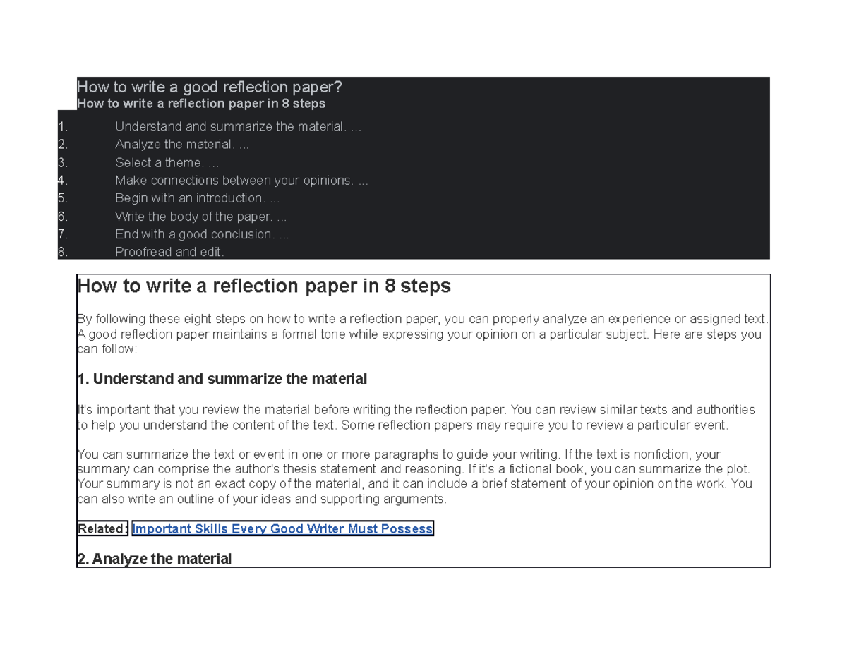How to write areflection paper - ... Analyze the material. ... Select a ...