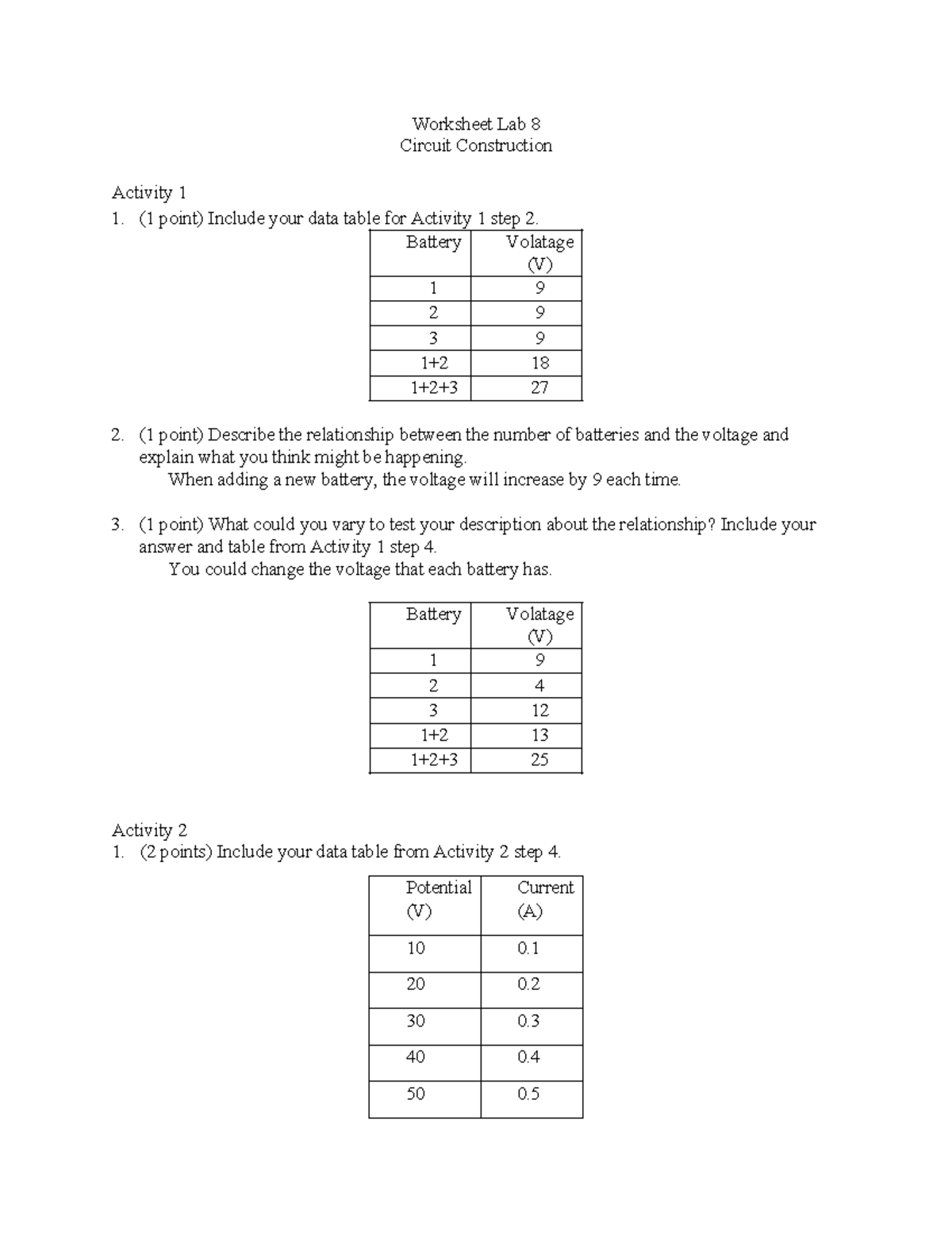 Lab 8 Circuit Construction Worksheet - Worksheet Lab 8 Circuit Construction Activity 1 1. (1 ...