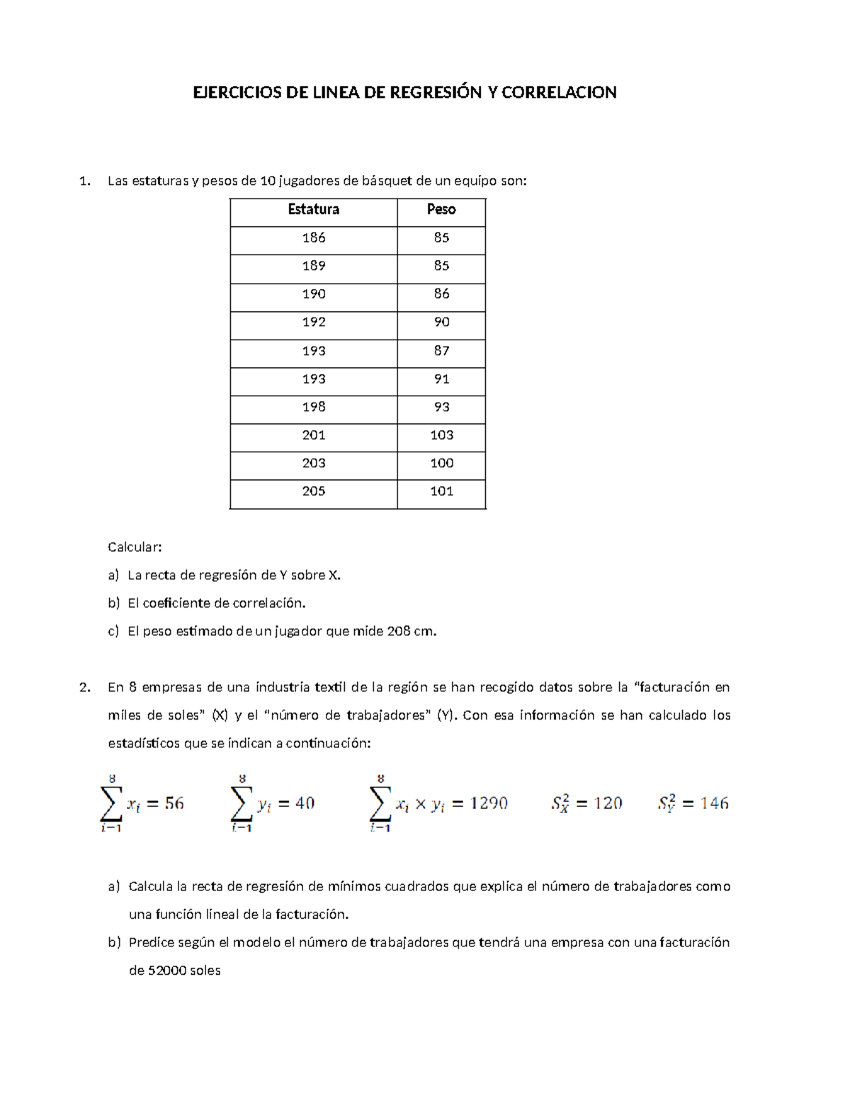 Ejercicios DE Regresión Lineal Y Correlación - EJERCICIOS DE LINEA DE REGRESIÓN Y CORRELACION ...