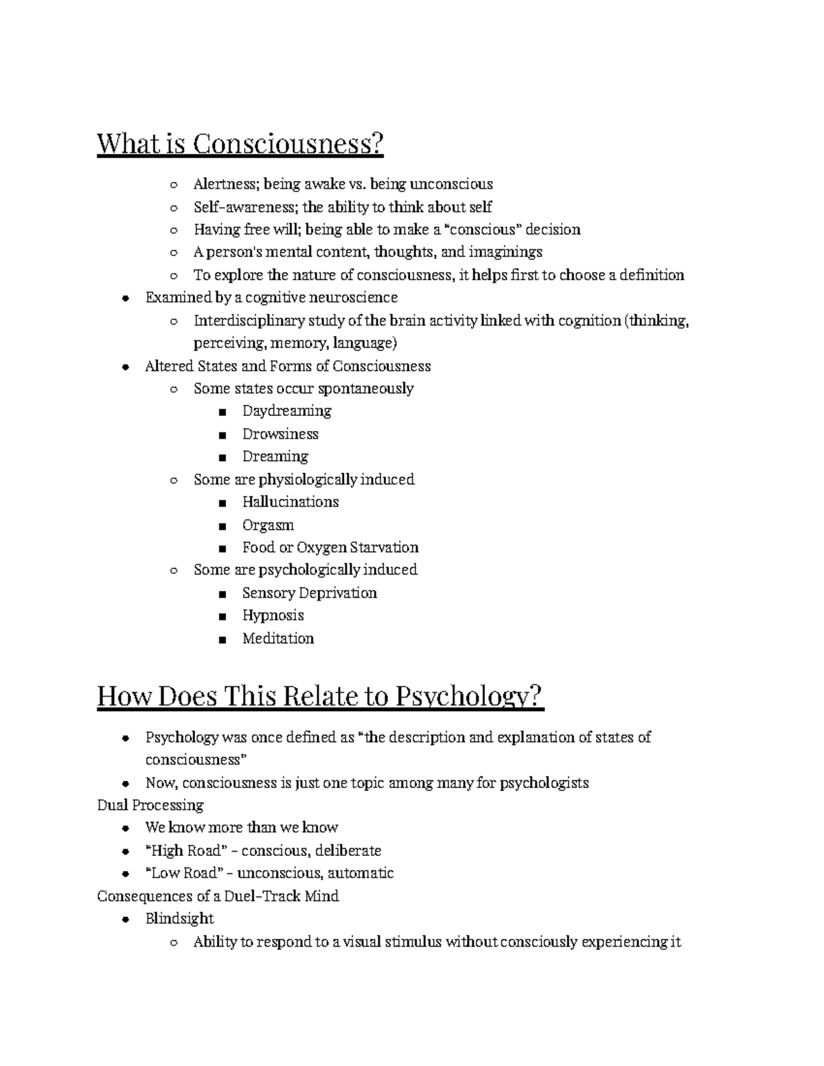Psychology 101 Ch. 3 Notes - What is Consciousness? Alertness; being ...