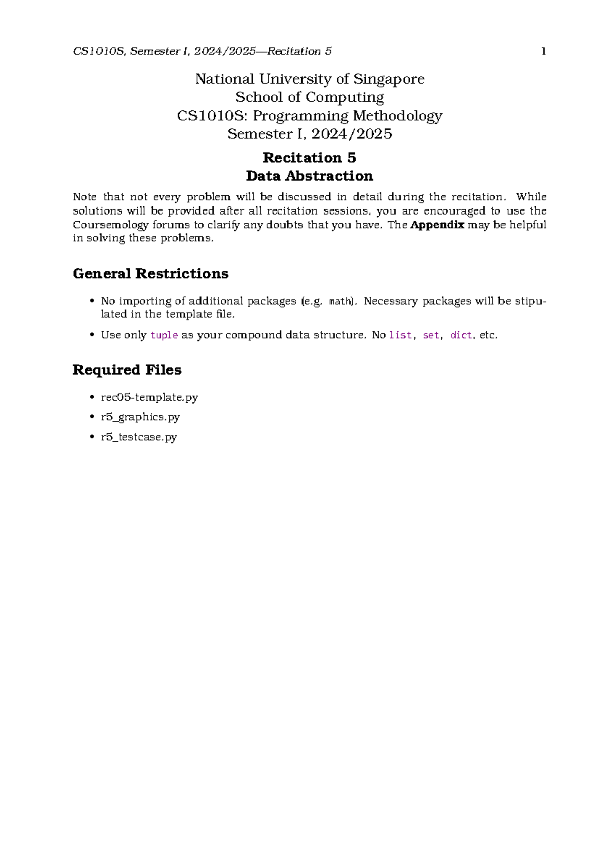 Rec05 - paepr - National University of Singapore School of Computing CS1010S: Programming - Studocu