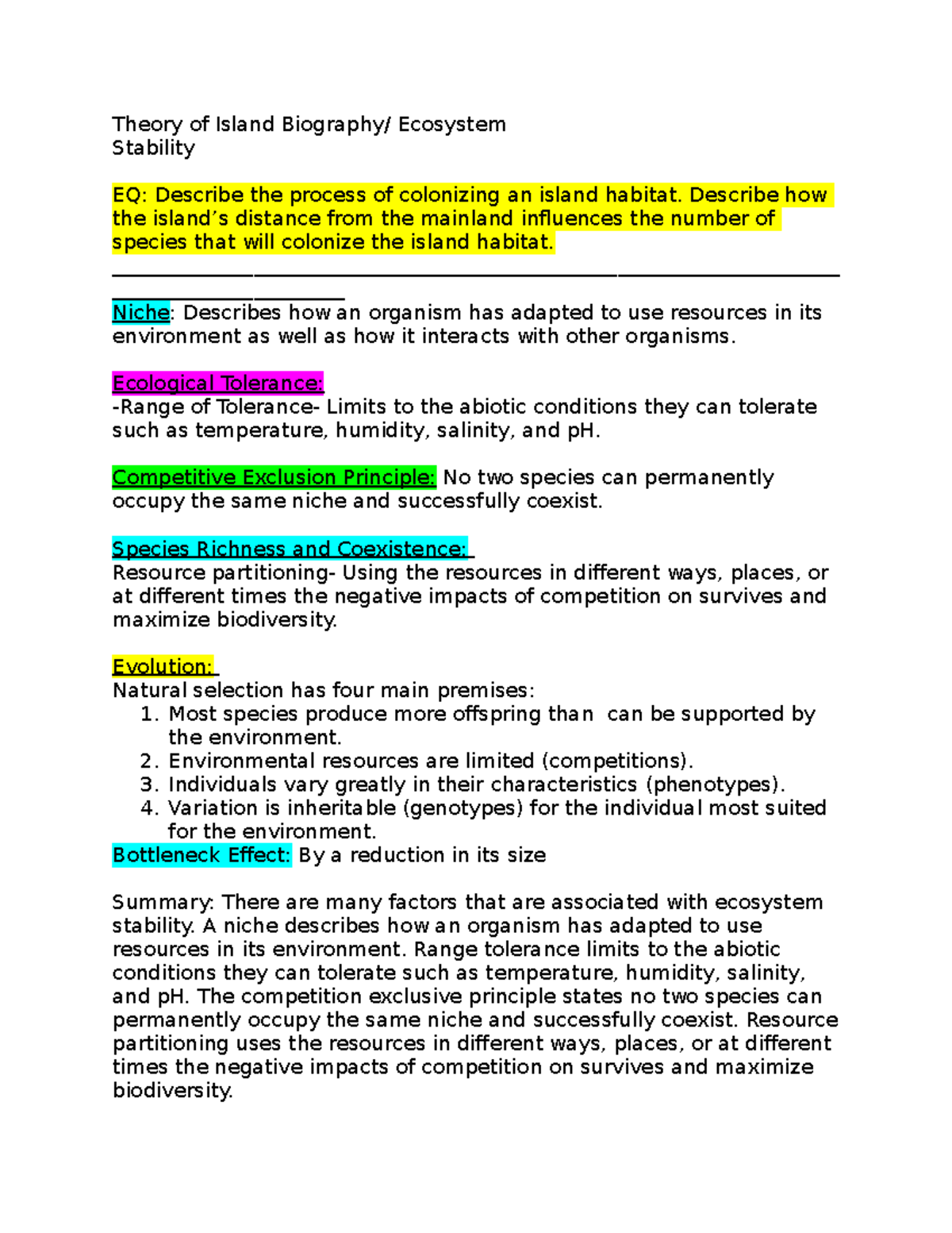 Theory of Island Biography-Ecosystem Stability - Describe how the ...