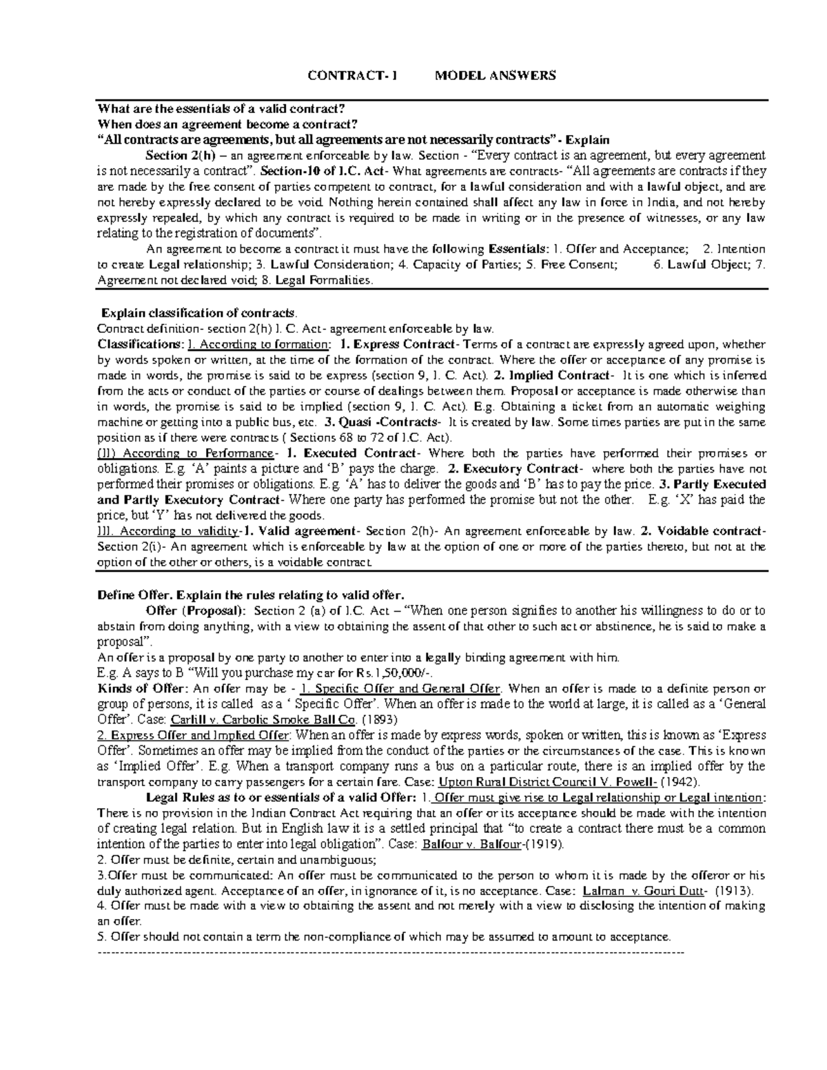 Contract- I- Model Answers - Hints - CONTRACT- I MODEL ANSWERS What are ...