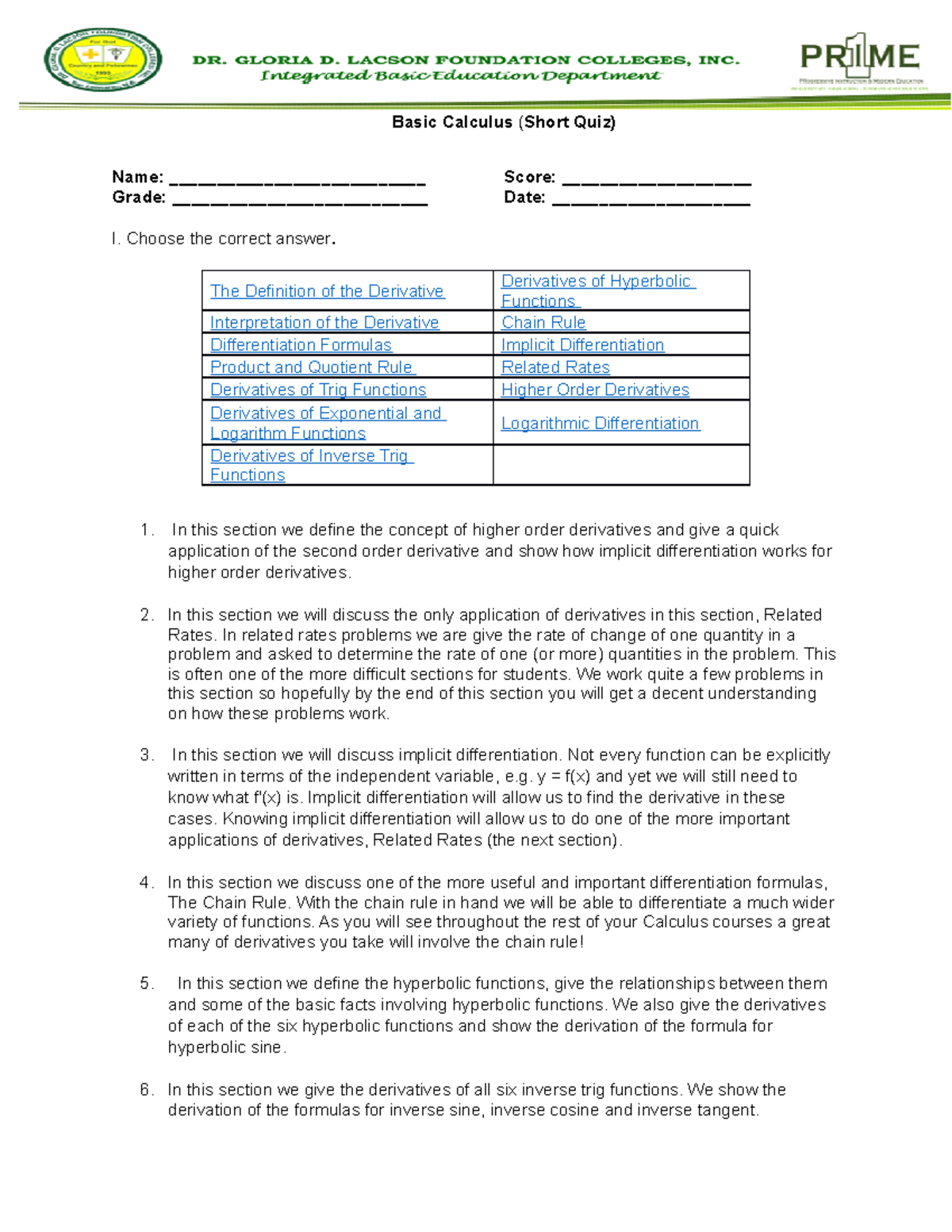 Basic Calculus Short Quiz # 3 - Basic Calculus (Short Quiz) Name