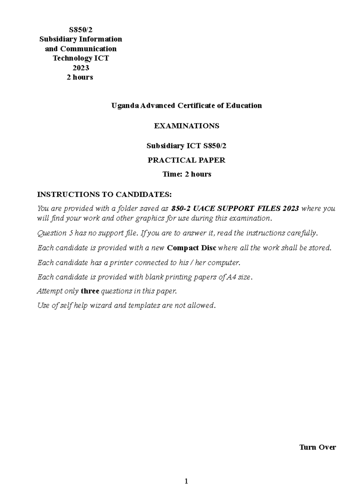 SUB ICT 850-2 Question Paper 2023 f - Uganda Advanced Certificate of ...
