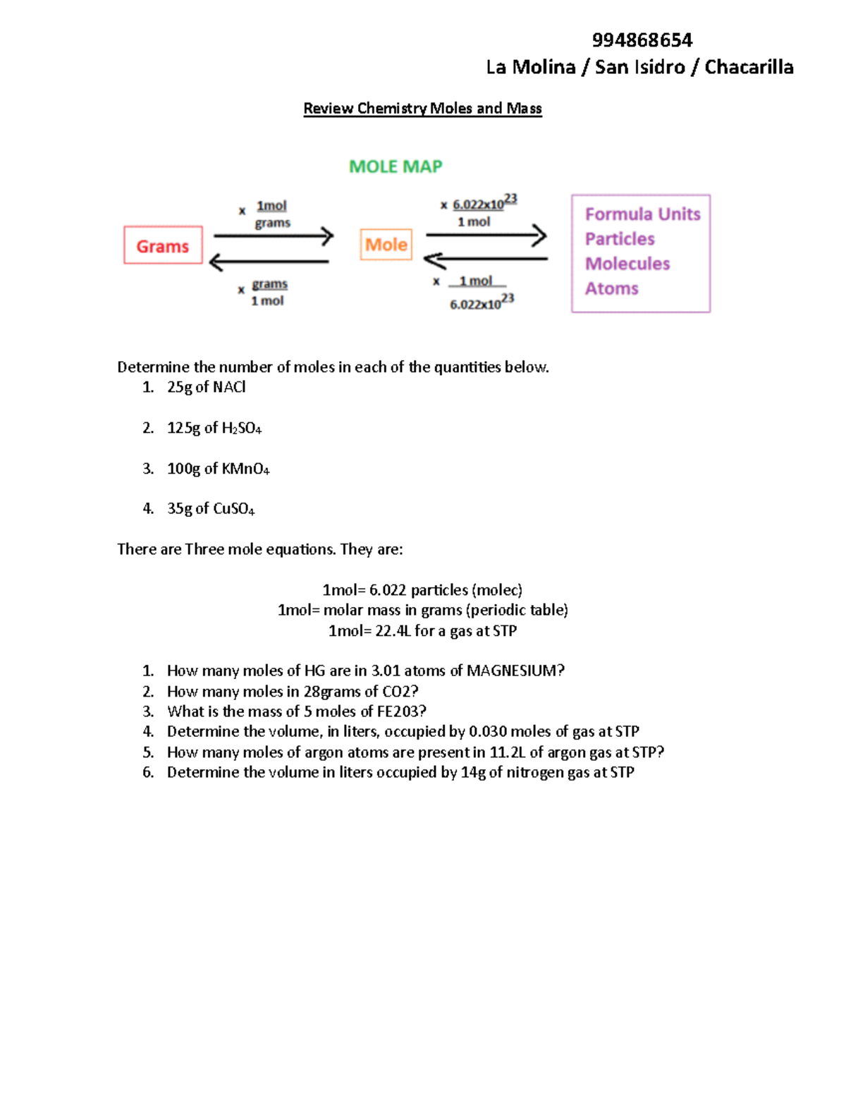 Review Chemistry Moles and Mass - 994868654 La Molina / San Isidro ...