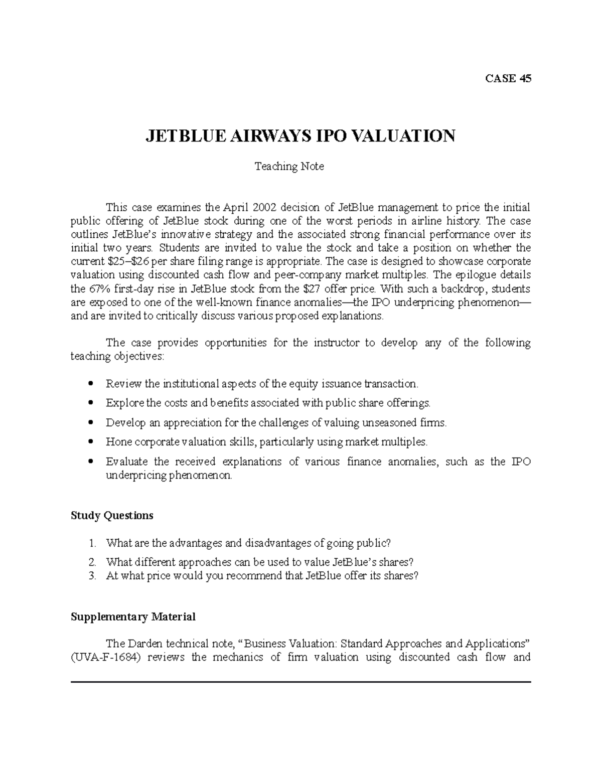 Jet Blue - test - CASE 45 JETBLUE AIRWAYS IPO VALUATION Teaching Note ...
