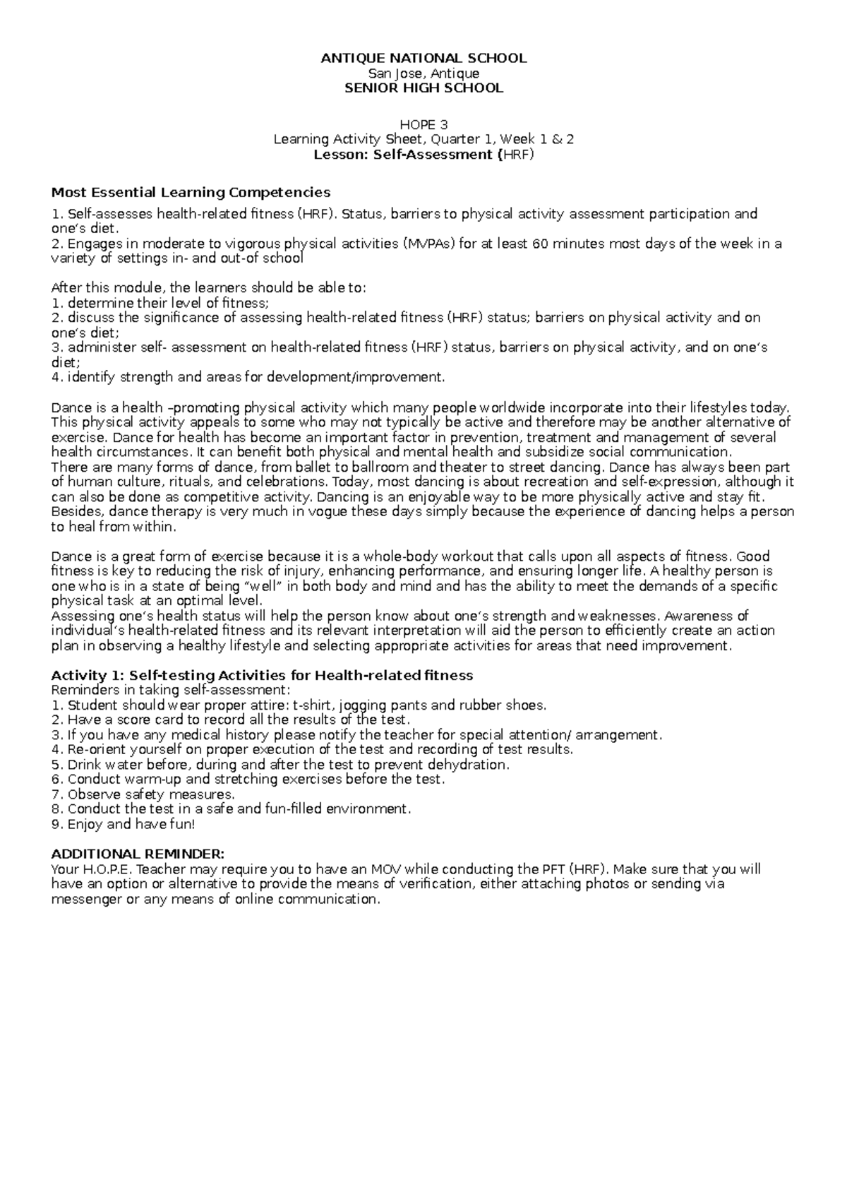 LAS in PE 3 PPFT Module 1 2021 2022 - ANTIQUE NATIONAL SCHOOL San Jose ...