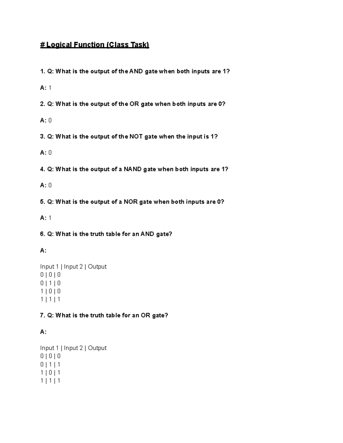 Logical Function Class Test 3 Logical Function Class Task Q What