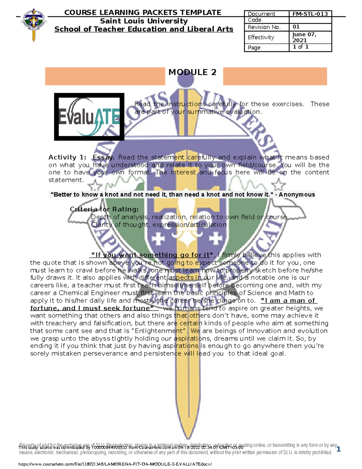 Lamorena FIT OA Module 2 Evaluate - COURSE LEARNING PACKETS TEMPLATE ...