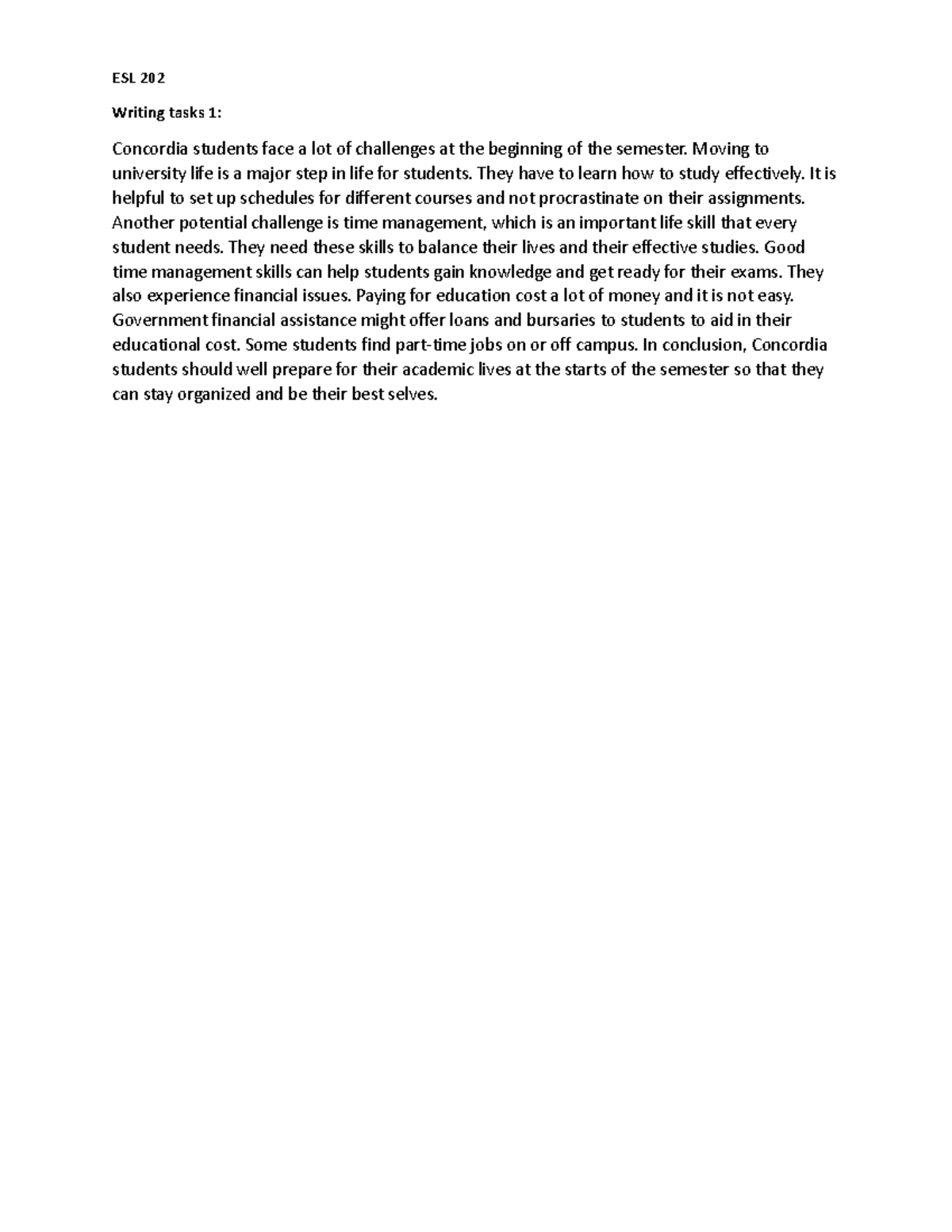 ESL 202- writing task 1 - ESL 202 Writing tasks 1: Concordia students ...