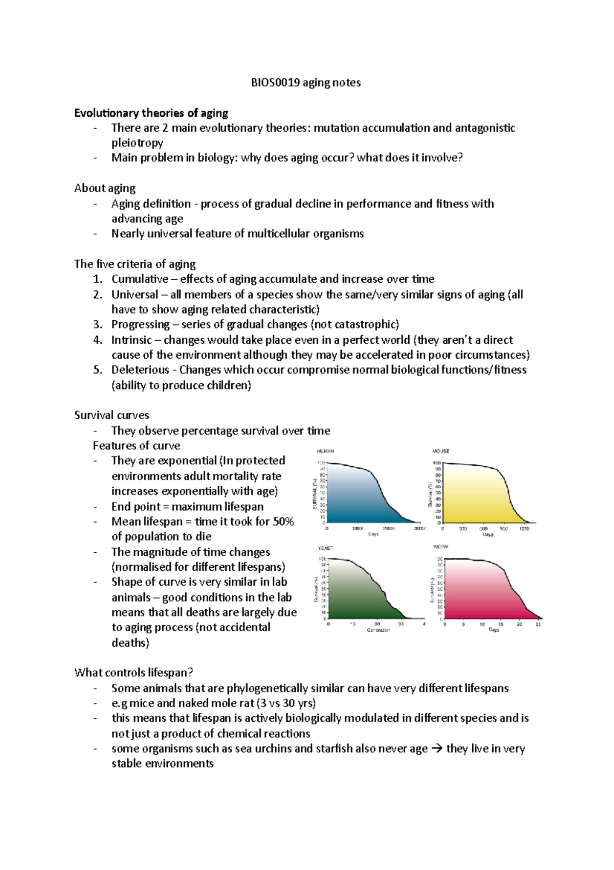 BIOS0019 aging notes - BIOS0019 aging notes Evolutionary theories of ...