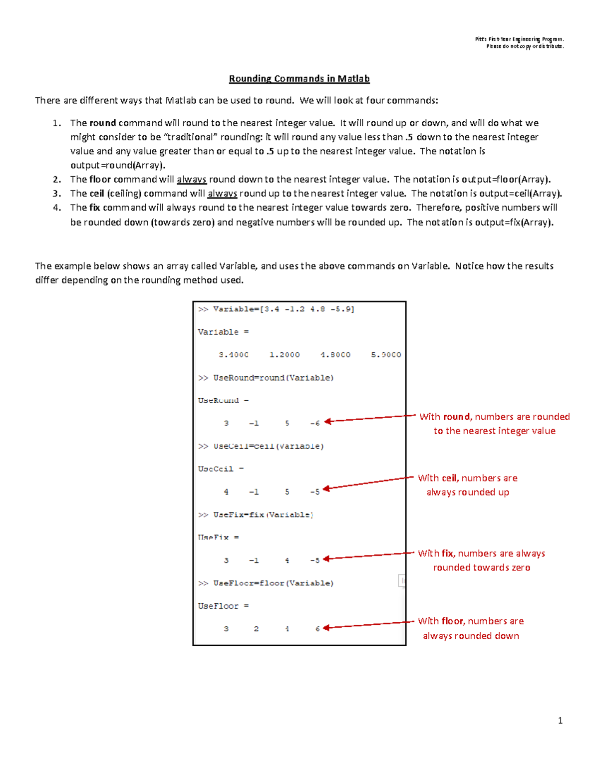 Matlab 6. Rounding commands - Pitt’s First-Year Engineering Program. Please do not copy or - Studocu