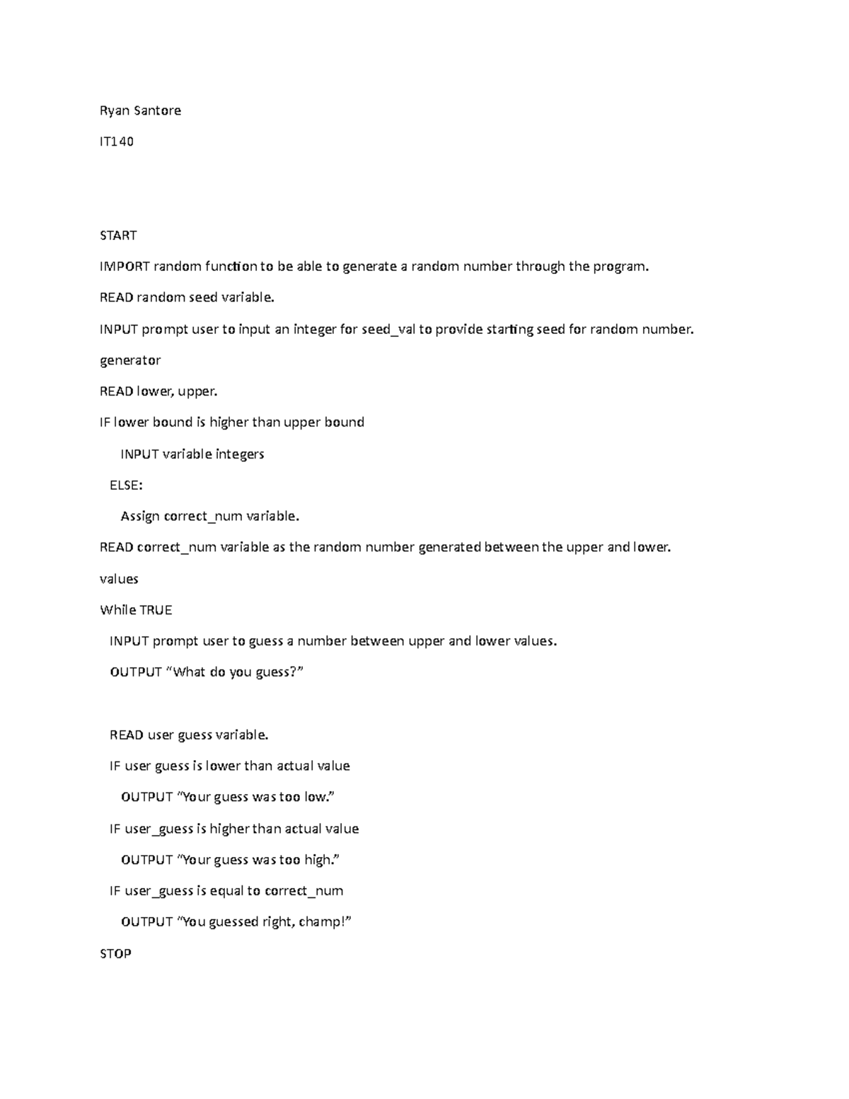 Pseudocode 4 3 Psuedocode Week1 Ryan Santore It Start Import Random
