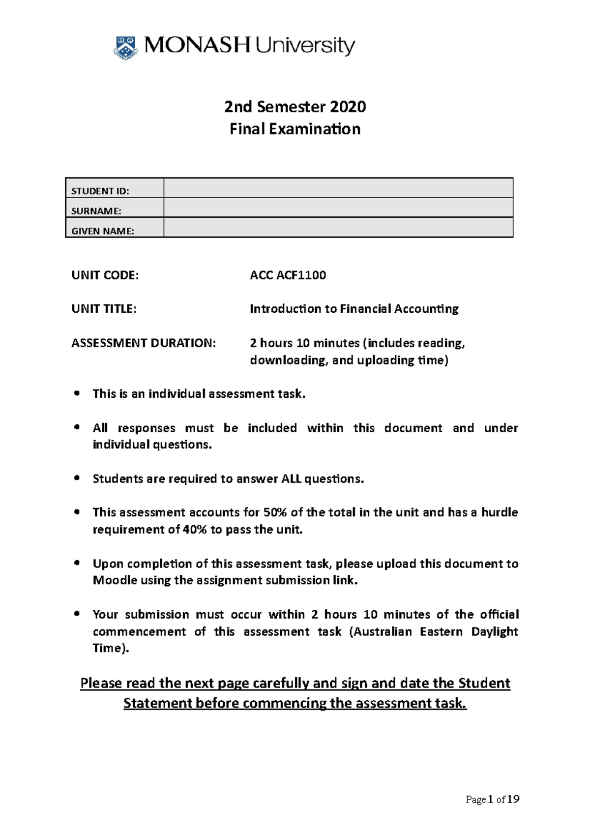 ACC1100 S2 2020 Final exam solutions - 2nd Semester 2020 Final Examination STUDENT ID: SURNAME ...