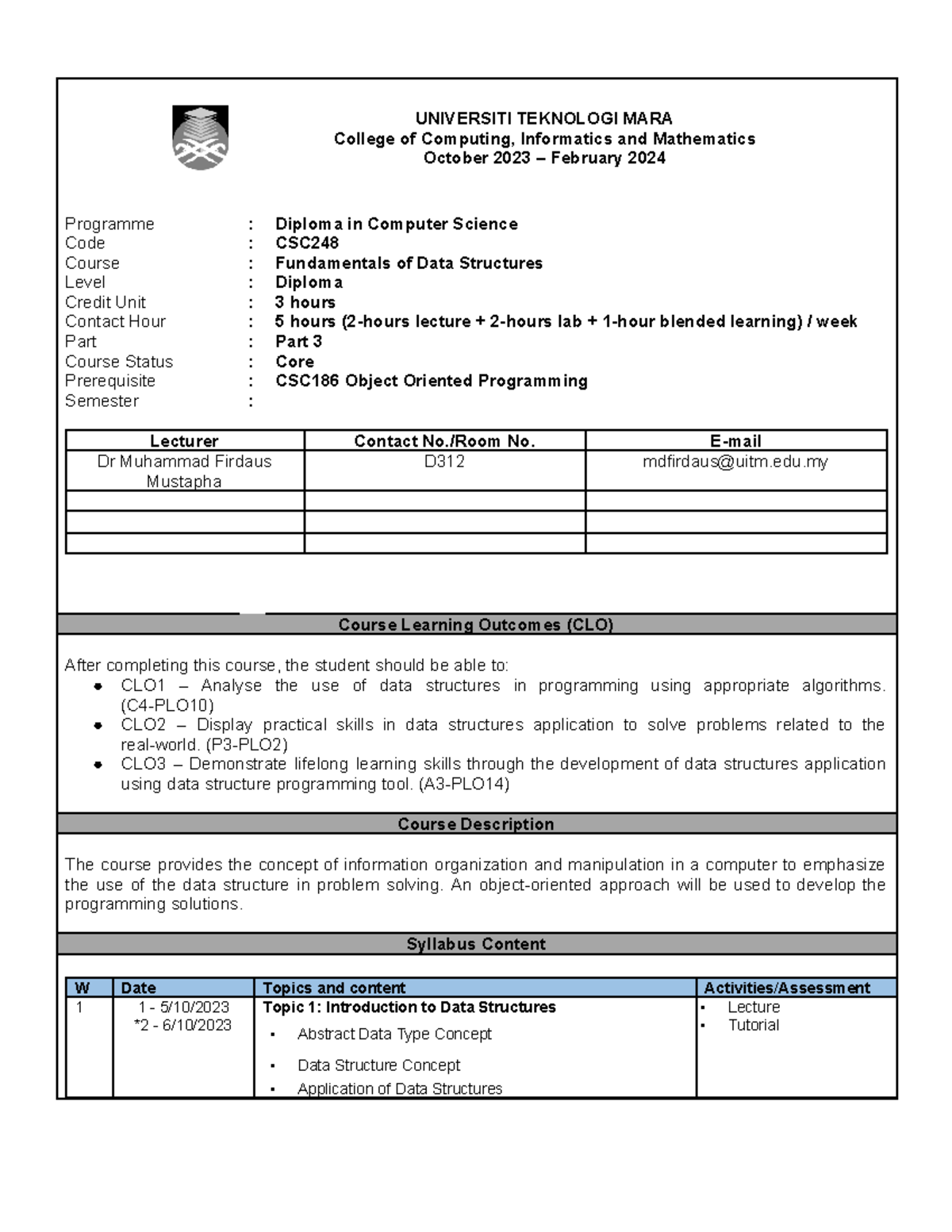 CSC248 Scheme OF Work - UNIVERSITI TEKNOLOGI MARA College of Computing, Informatics and ...