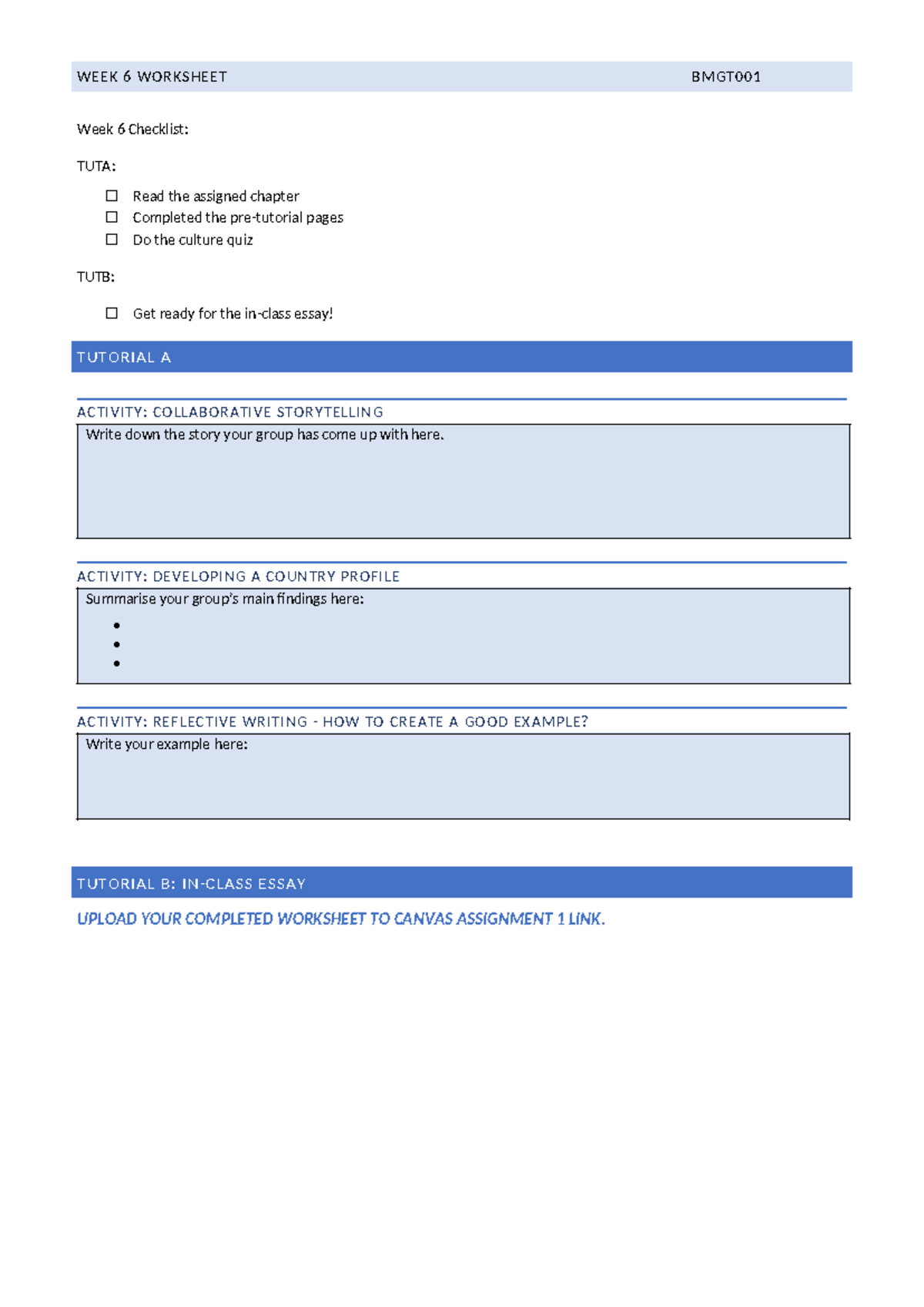 Week 6 Worksheet - WEEK 6 WORKSHEET BMGT Week 6 Checklist: TUTA: Read ...