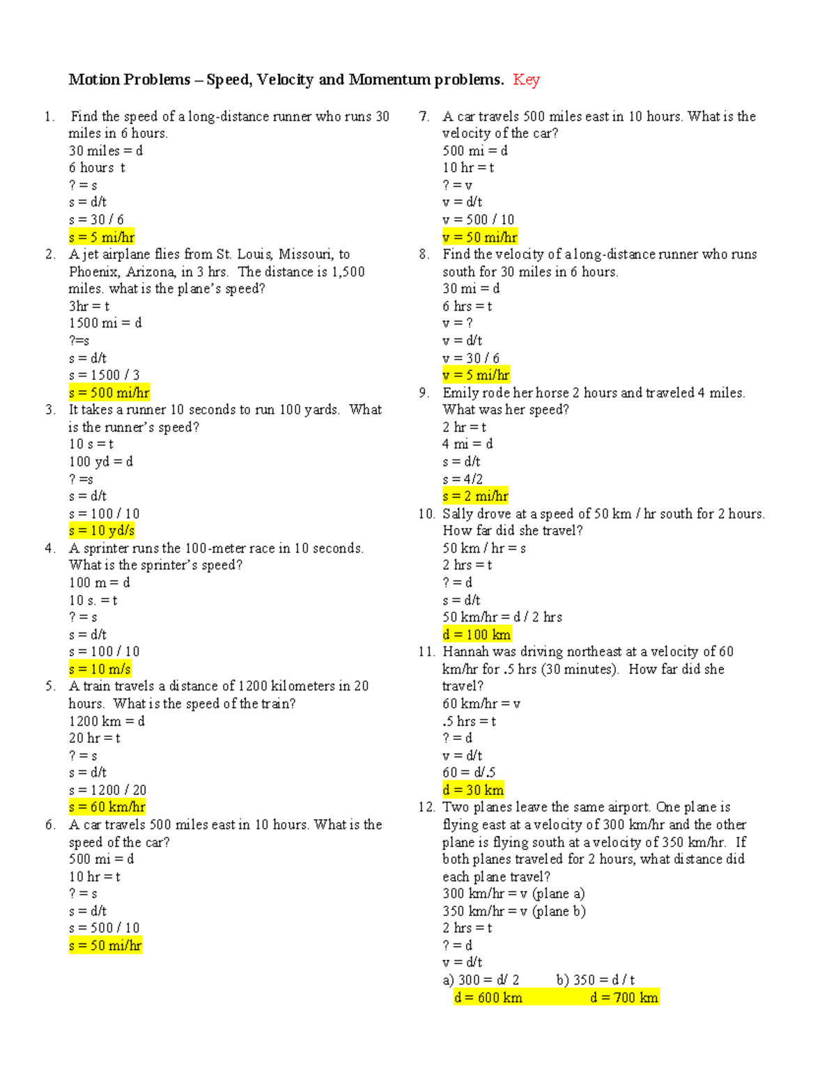 Motion Problems worksheet key - Motion Problems – Speed, Velocity and ...