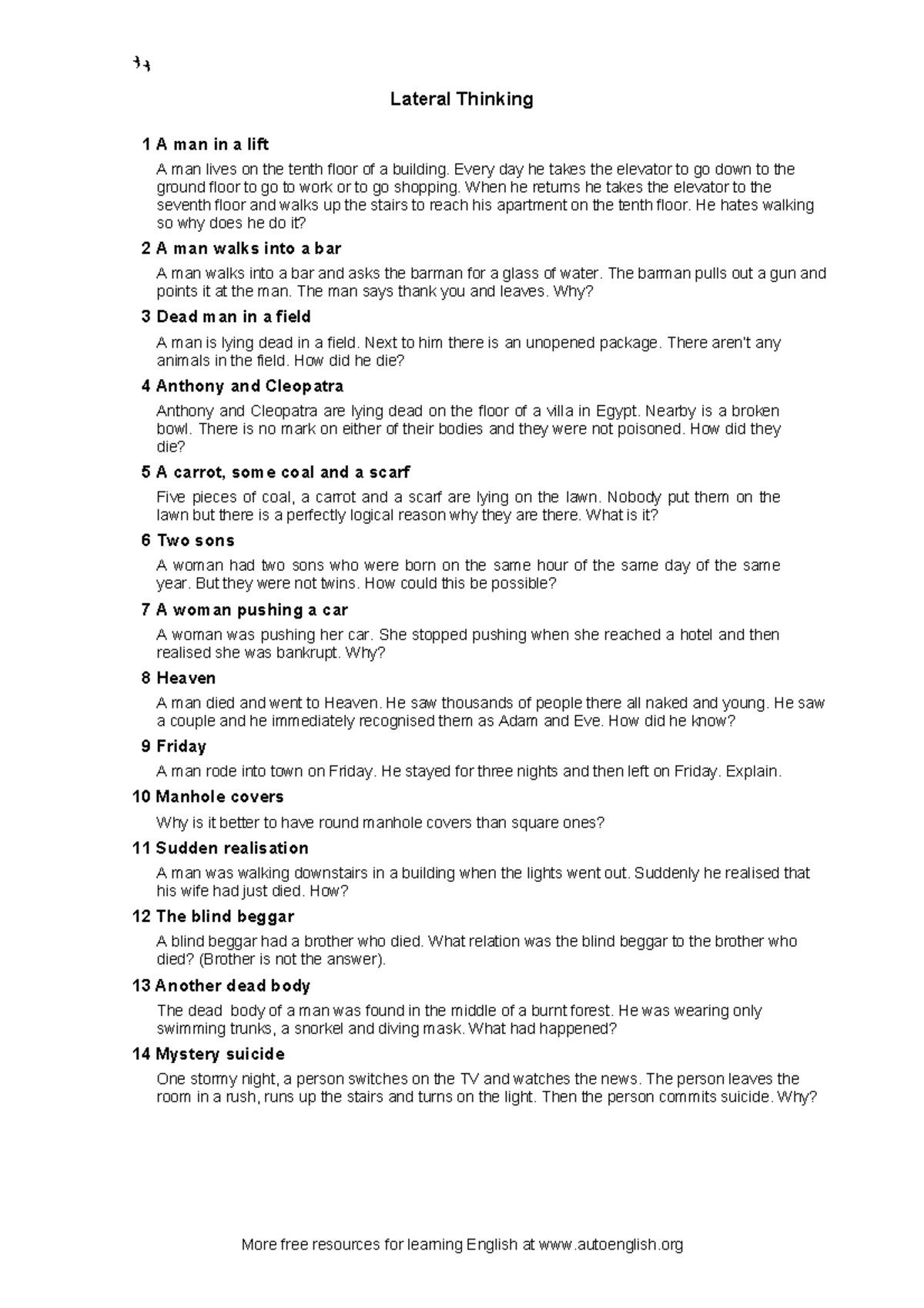 Situation Puzzles - Grade: A - Lateral Thinking 01 A man in a lift A ...