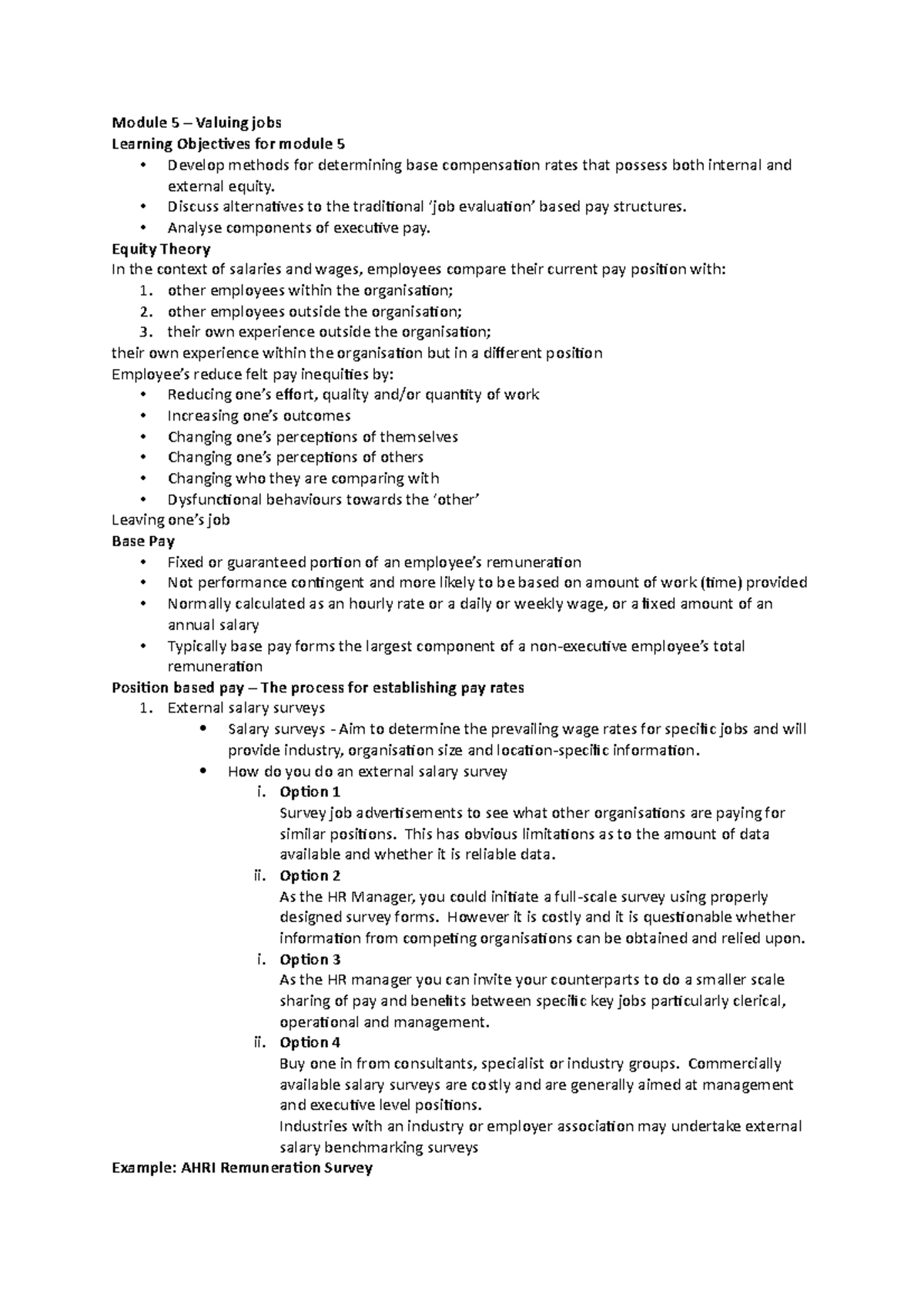 MGT3005 Lecture Notes - Module 5 - Module 5 – Valuing jobs Learning ...
