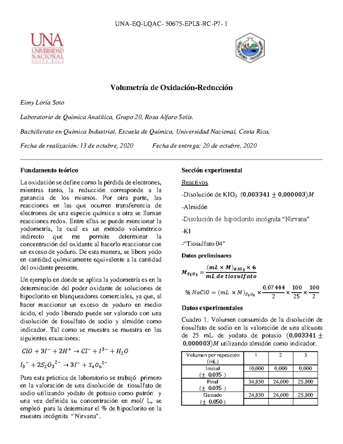 Volumetría de Oxidación -reduccion reporte corto - Volumetría de ...