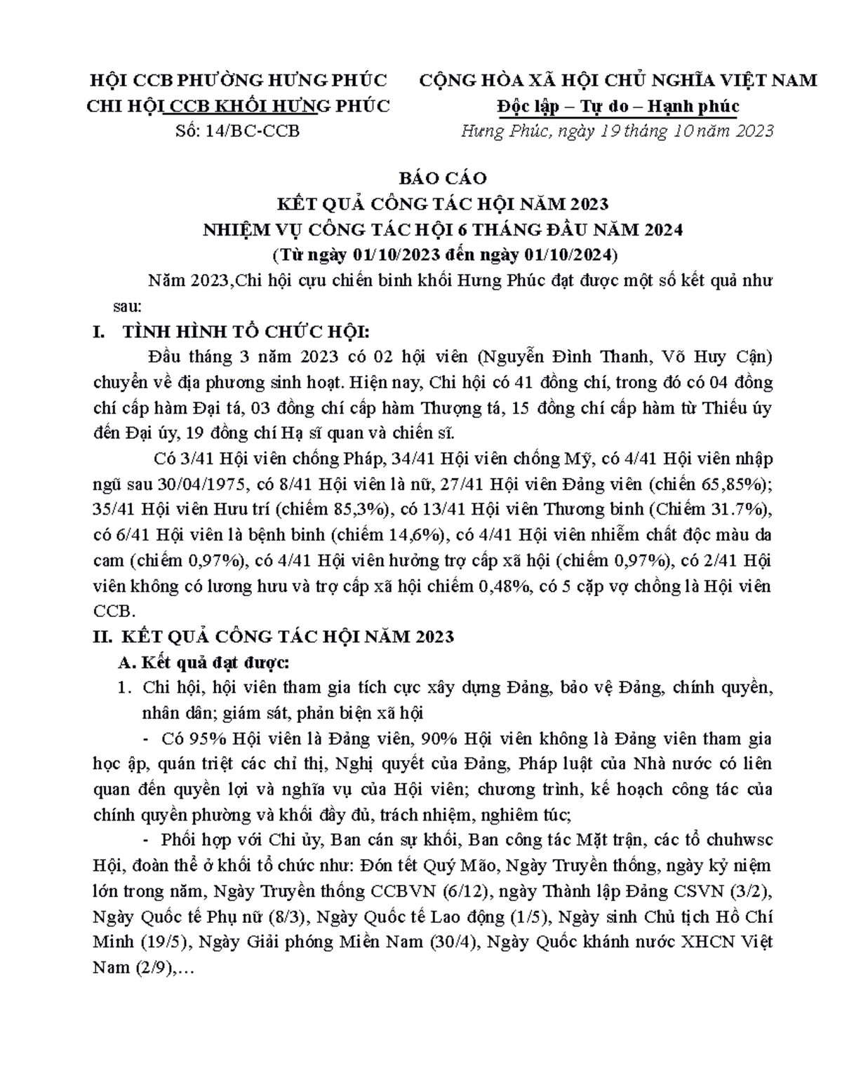 BÁO CÁO 6 Tháng - báo cáo - HỘI CCB PHƯỜNG HƯNG PHÚC CHI HỘI CCB KHỐI ...