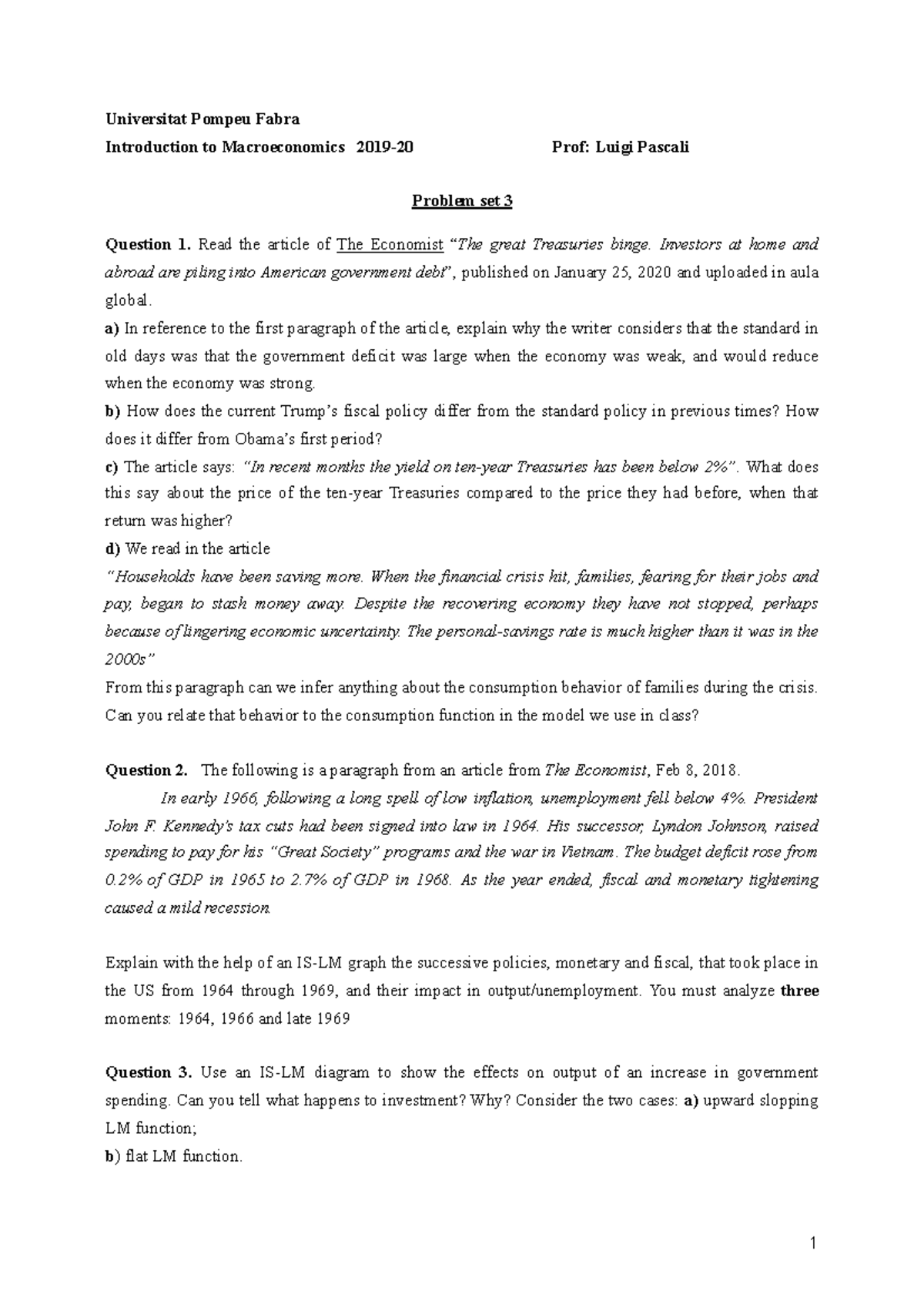 Problem Set 3 (NO solutions) - Universitat Pompeu Fabra Introduction to Macroeconomics 2019-20 ...