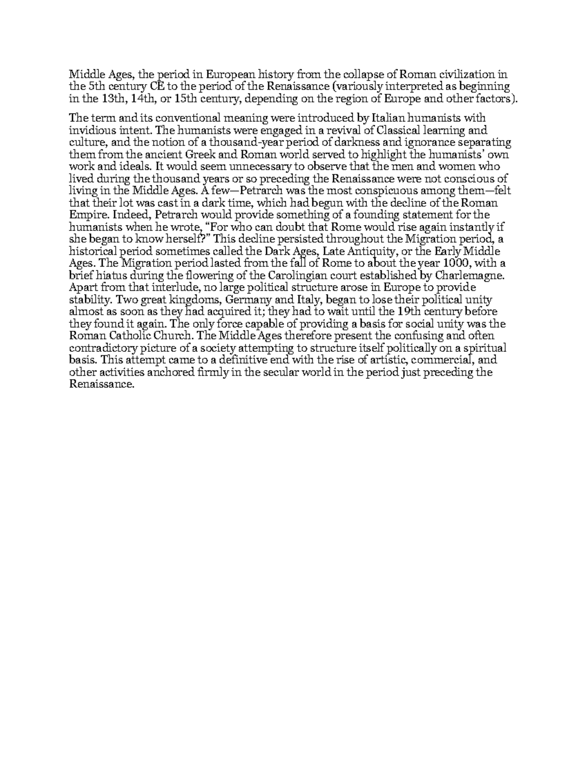 Middle Ages - notes - Middle Ages, the period in European history from ...