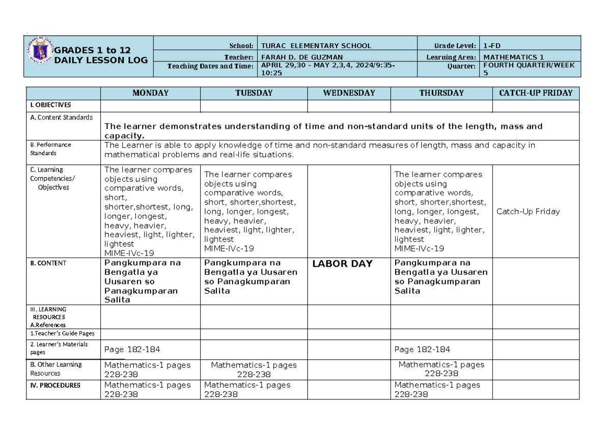 DLL Math 1 Q4 - . GRADES 1 to 12 DAILY LESSON LOG School: TURAC ...