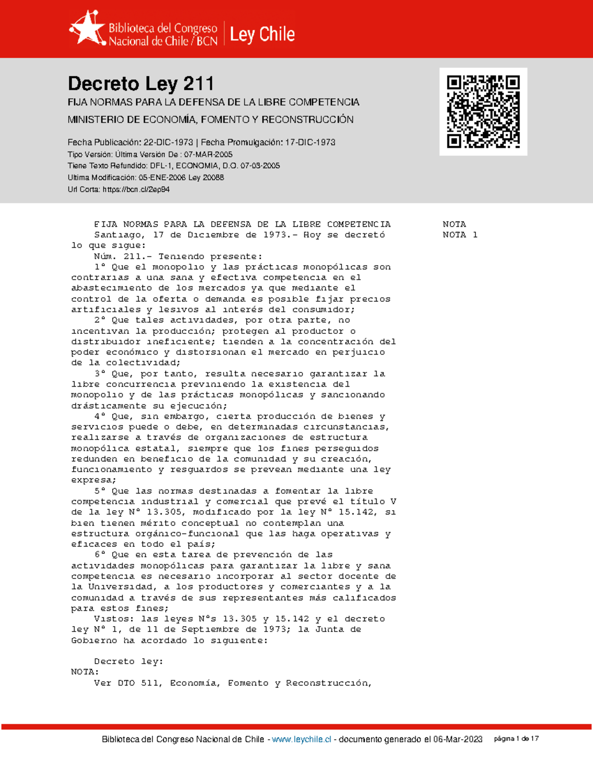 DL-211 22-DIC-1973 - Libre competencia en Chile - Decreto Ley 211 FIJA NORMAS PARA LA DEFENSA DE ...