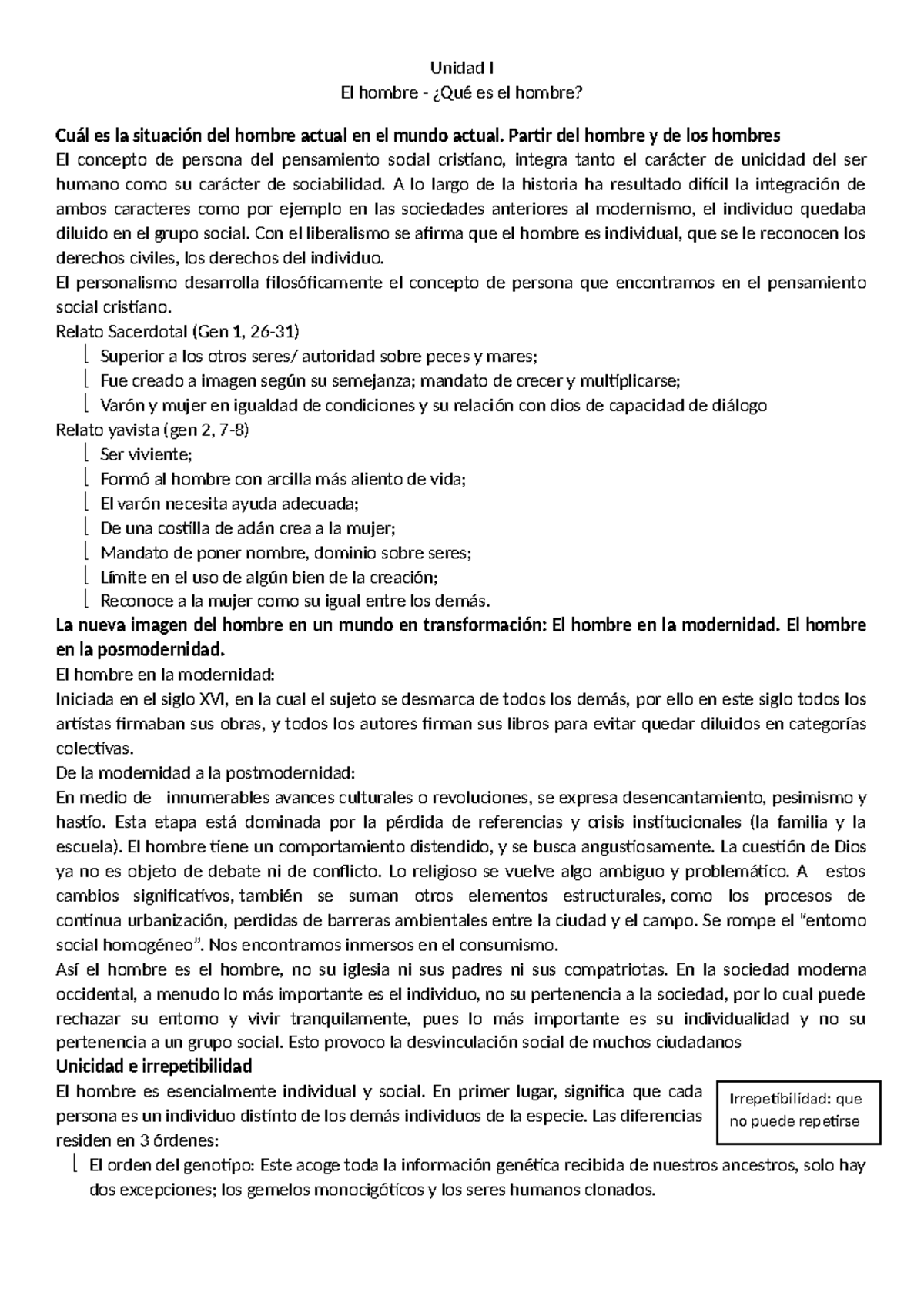 Resumen - Unidad I El hombre - ¿Qué es el hombre? Cuál es la situación ...