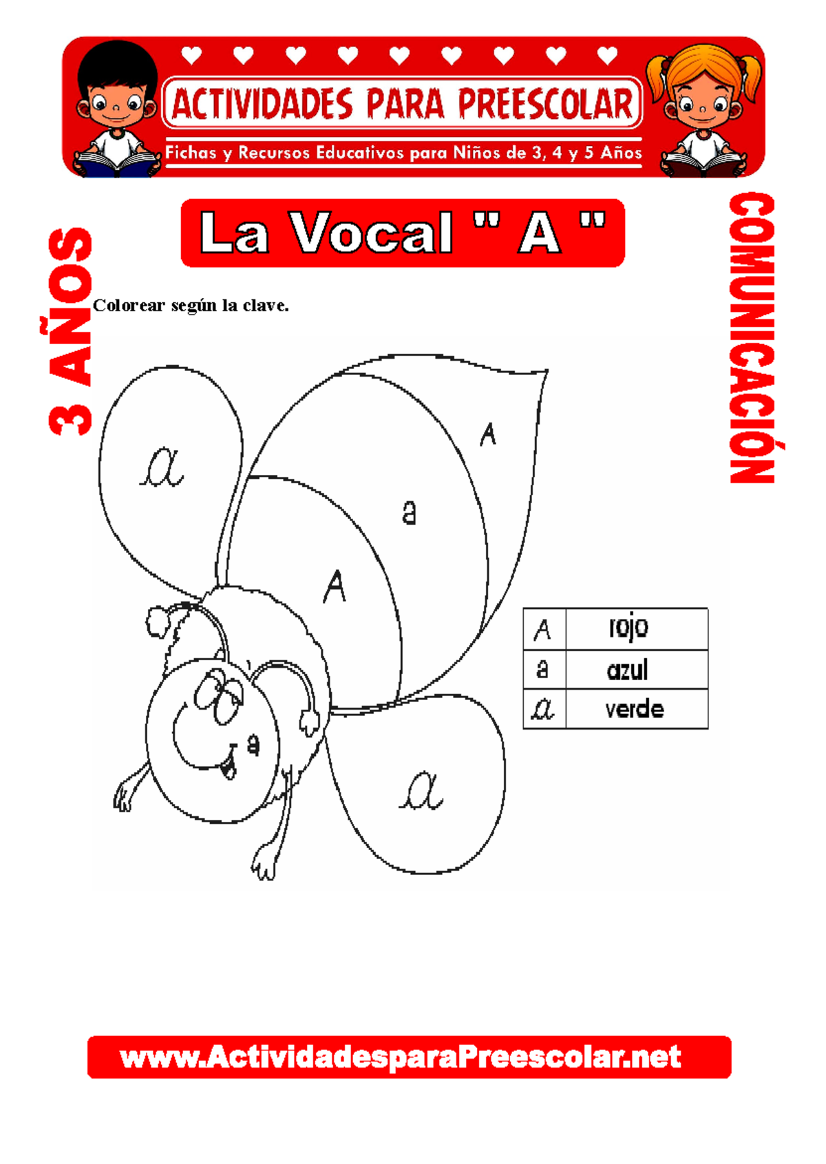 La Vocal A para niños de 3 años - comunicación - Colorear según la ...