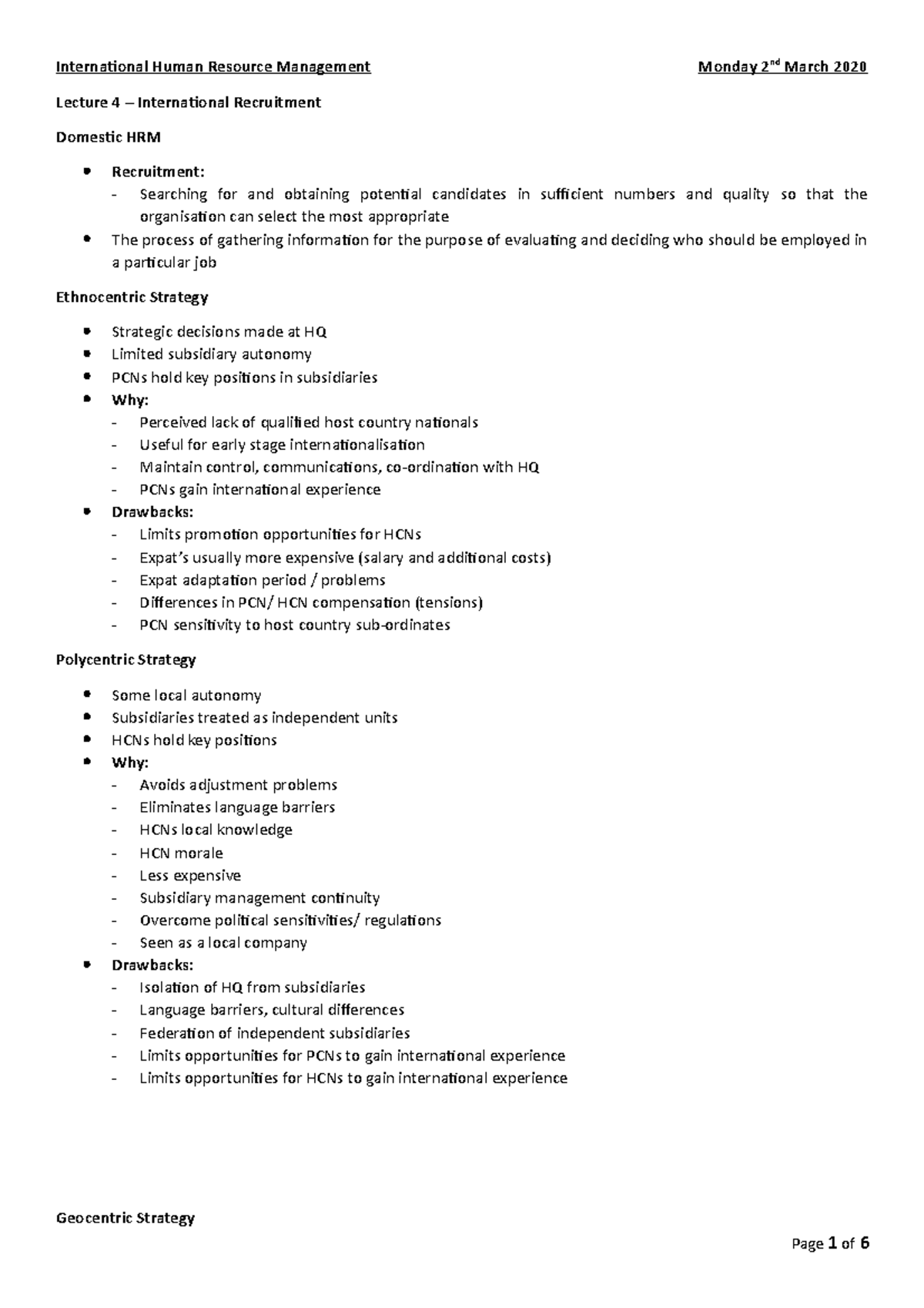 International Human Resource Management Lecture 4 Notes - International ...