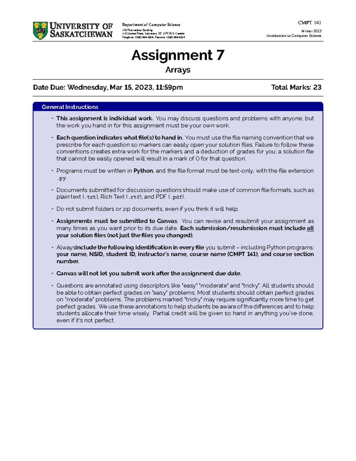 Asn7 winter 2023 - Computer Science - CMPT 141 assignment- 7 ...