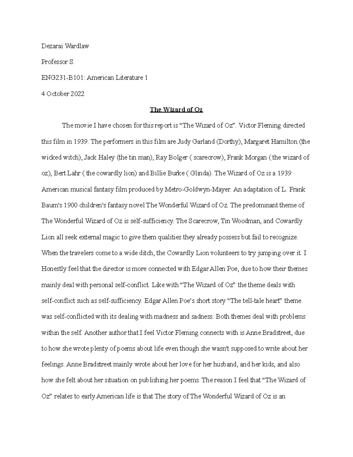 ENG231-B101 Report - Dezarai Wardlaw Professor S. ENG231-B101: American ...